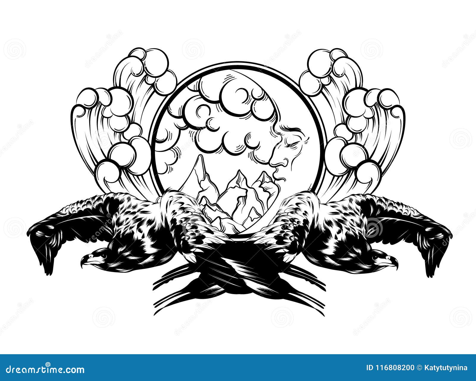 Vector Hand Drawn Illustration of Eagles with Moon and Clouds Isolated ...