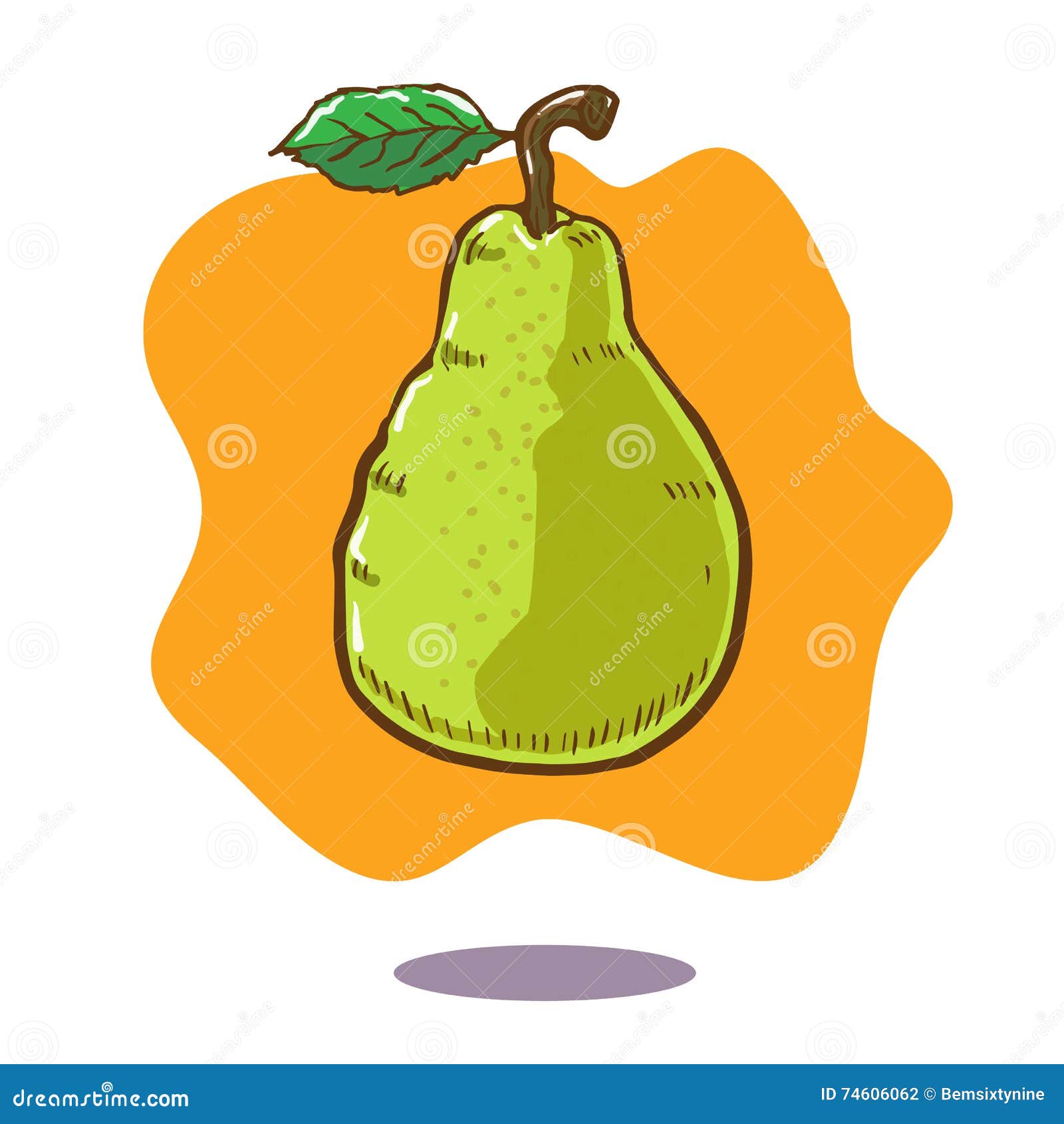 Vector Hand Drawn Illustration of a Floating Green Pear Fruit on Orange ...