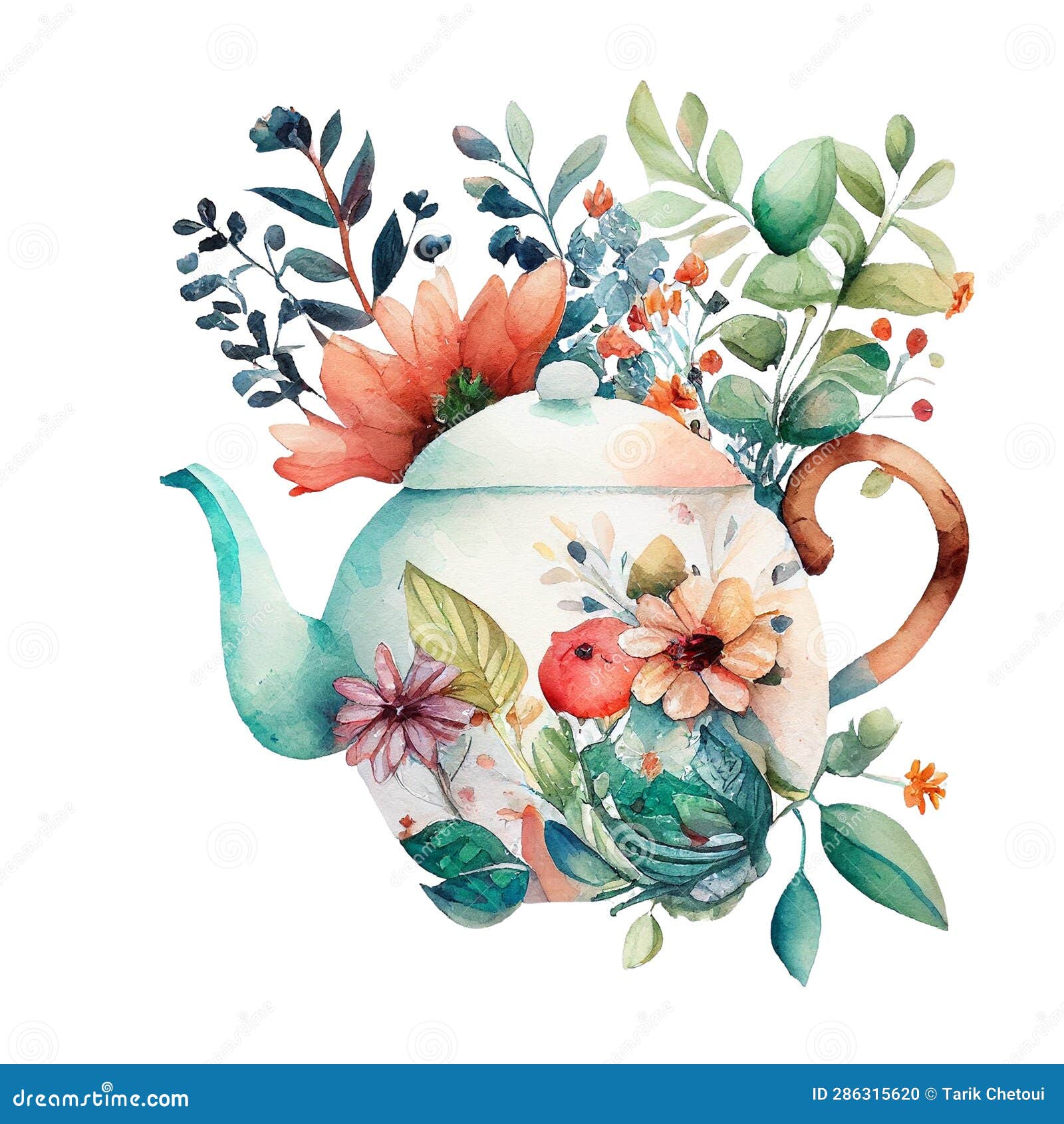 Watercolor Floral Teapot Flowers Illustration Cartoon Isolated on White ...