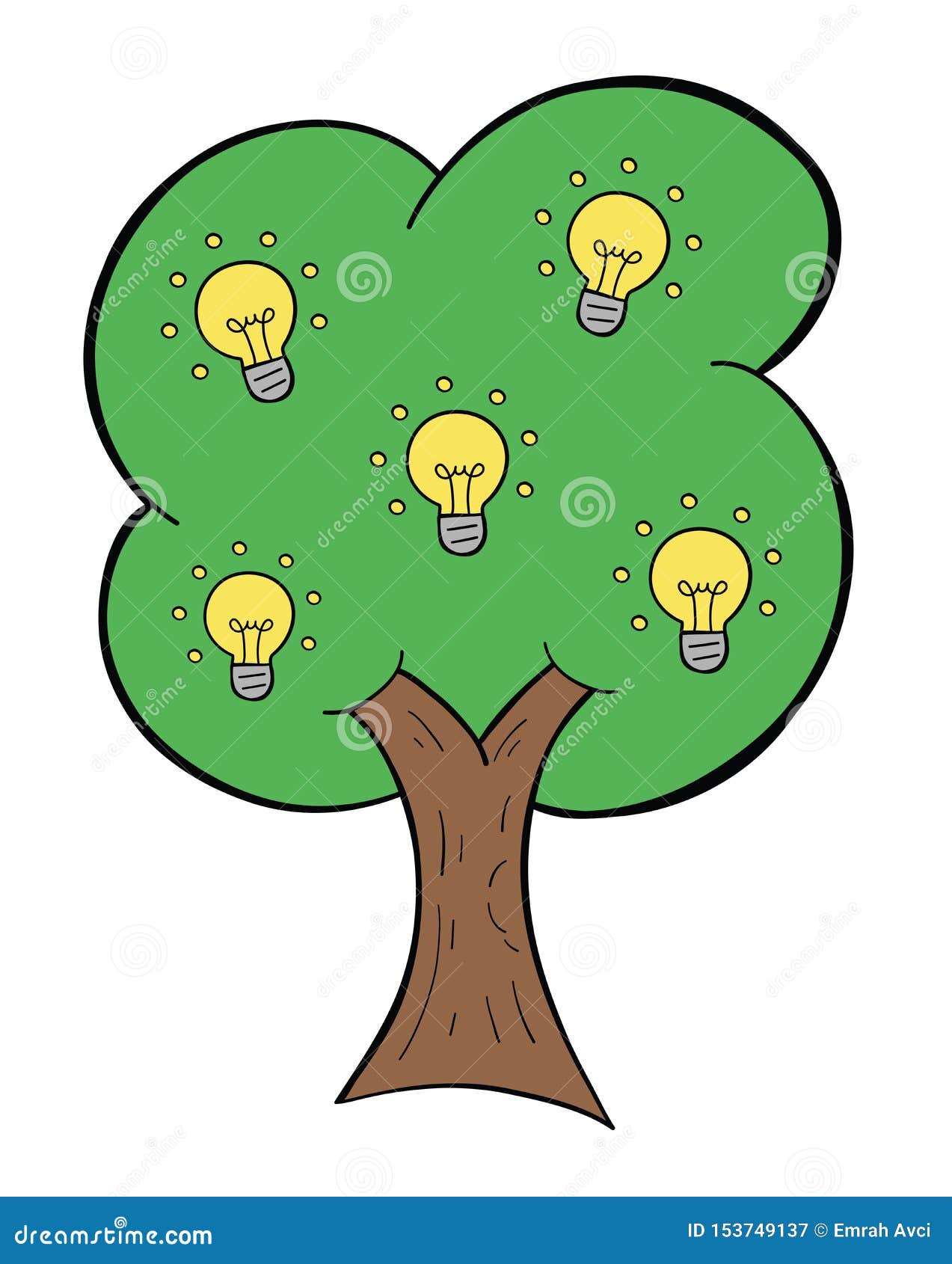 Vector Hand-drawn Illustration of Glowing Light Bulb Idea Tree Stock ...