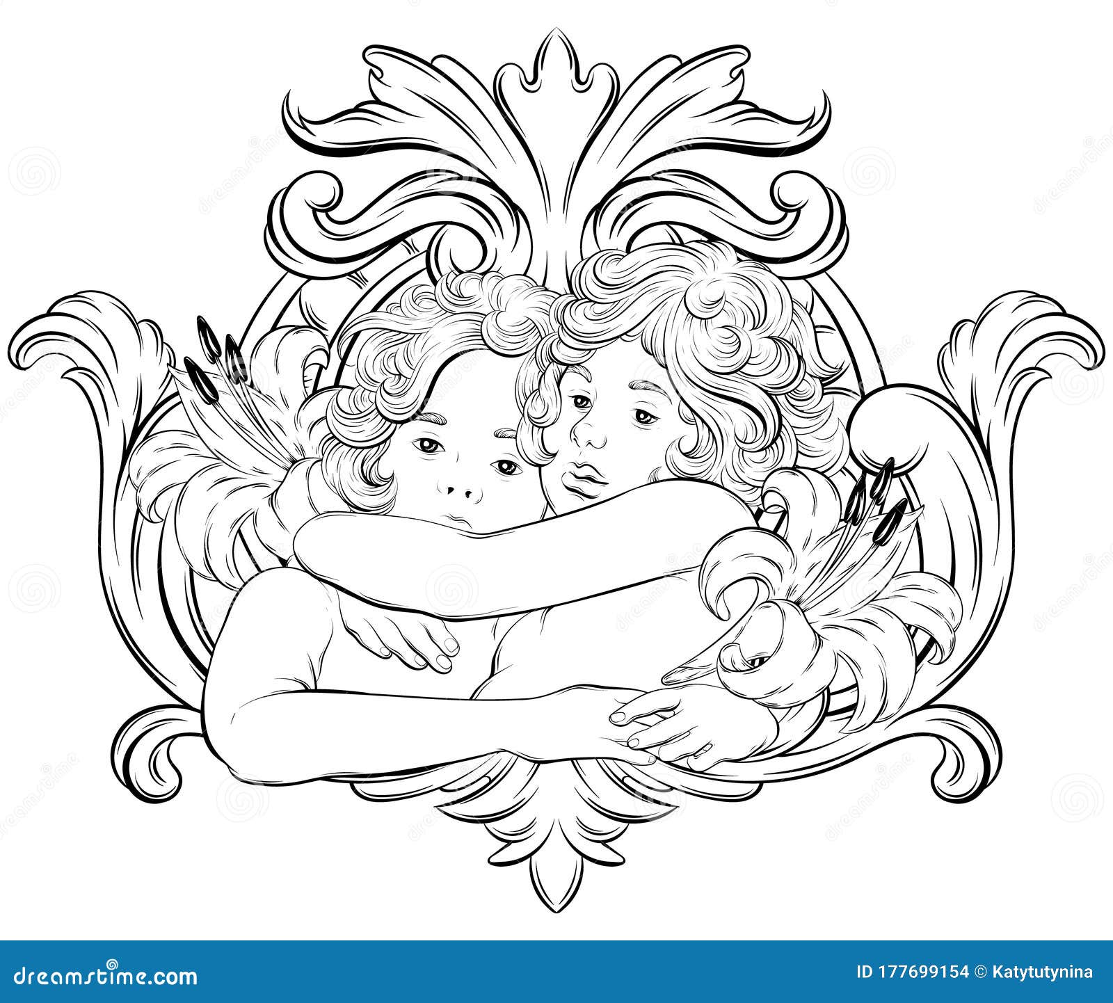 Vector Hand Drawn Illustration of Hugging Cupids with Wings and Rococo ...