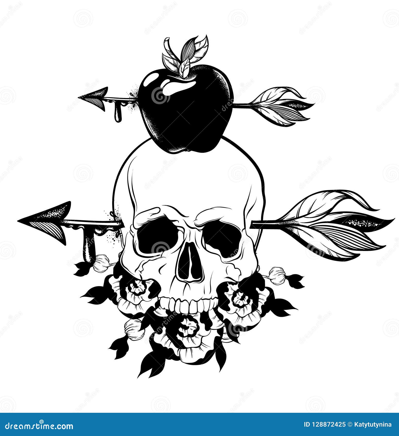 Vector Hand Drawn Illustration of Human Skull with Arrow in His Head ...