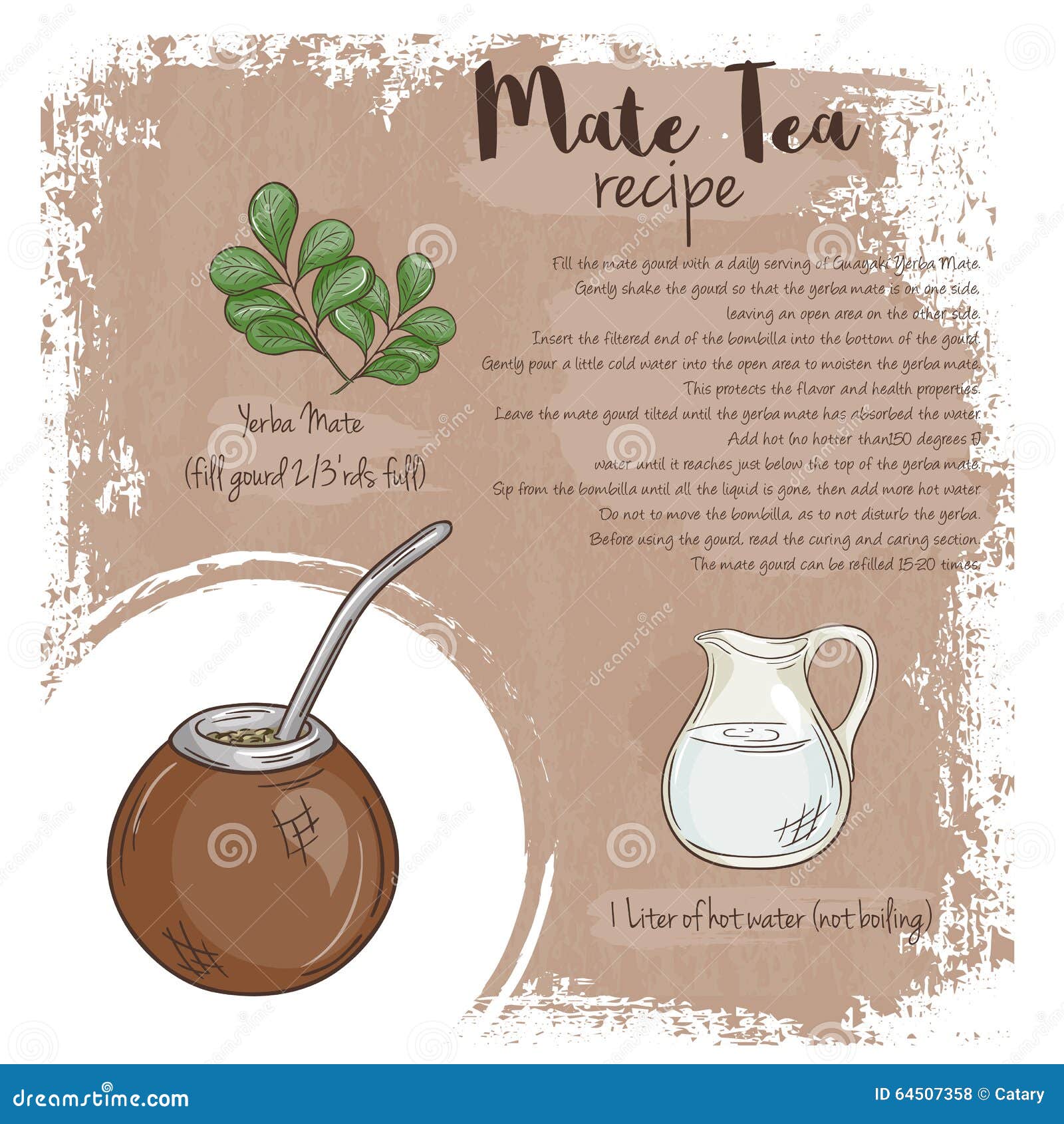 Vector Hand Drawn Illustration of Mate Tea Recipe with List of ...