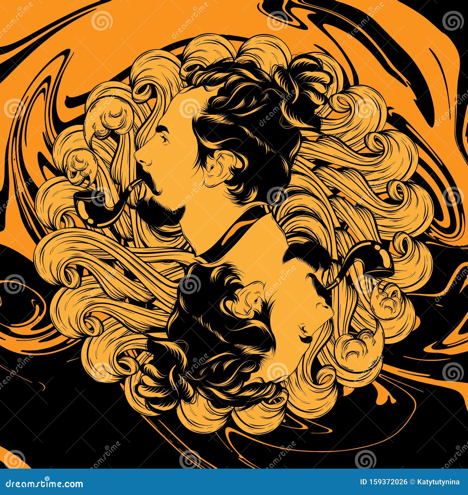 Vector Hand Drawn Illustration of Men with Dreadlocks, Smoking Pipes ...