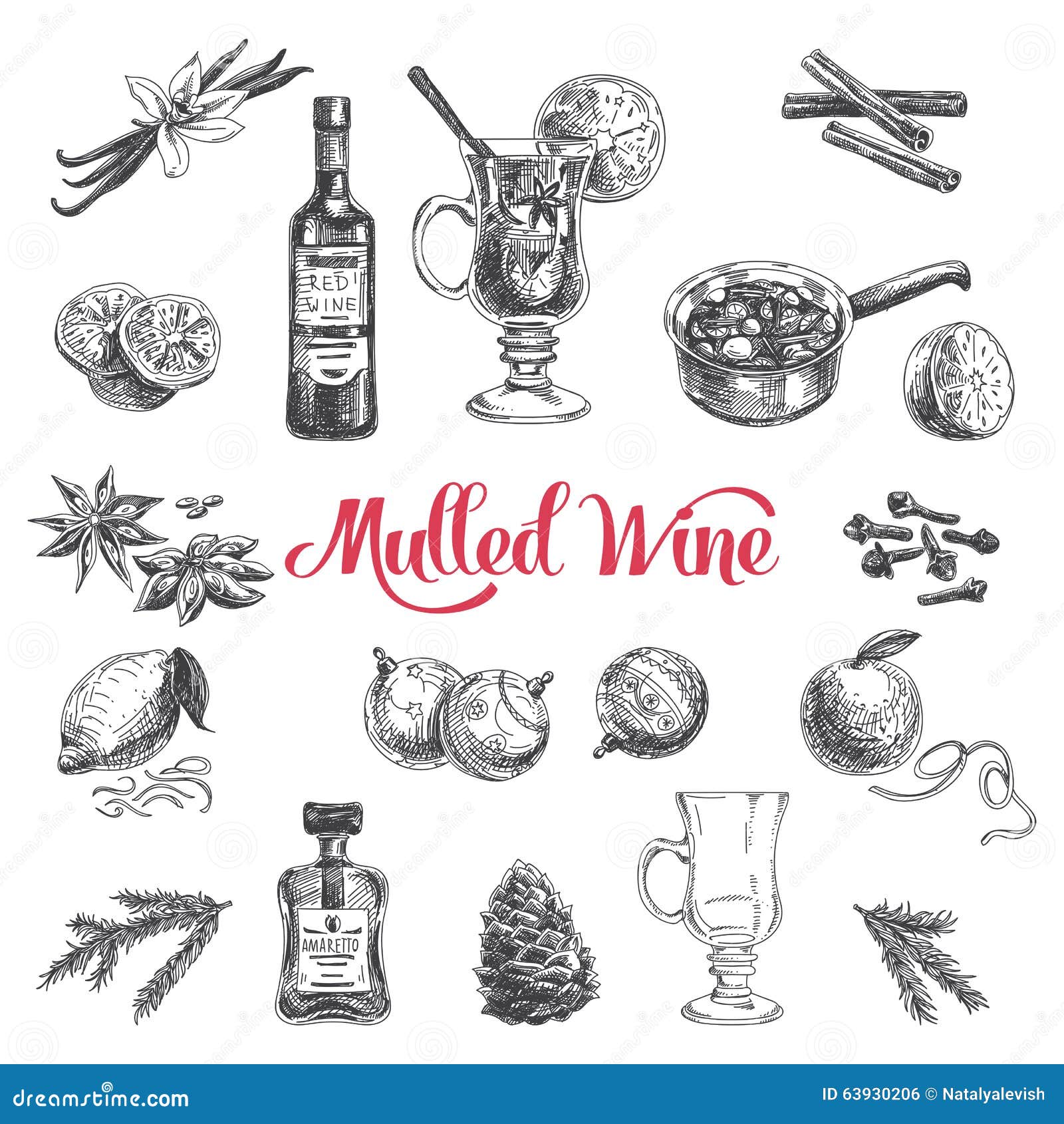 Mulled Wine Recipe, Vector Sketch Illustration. Set Of Isolated Hand ...