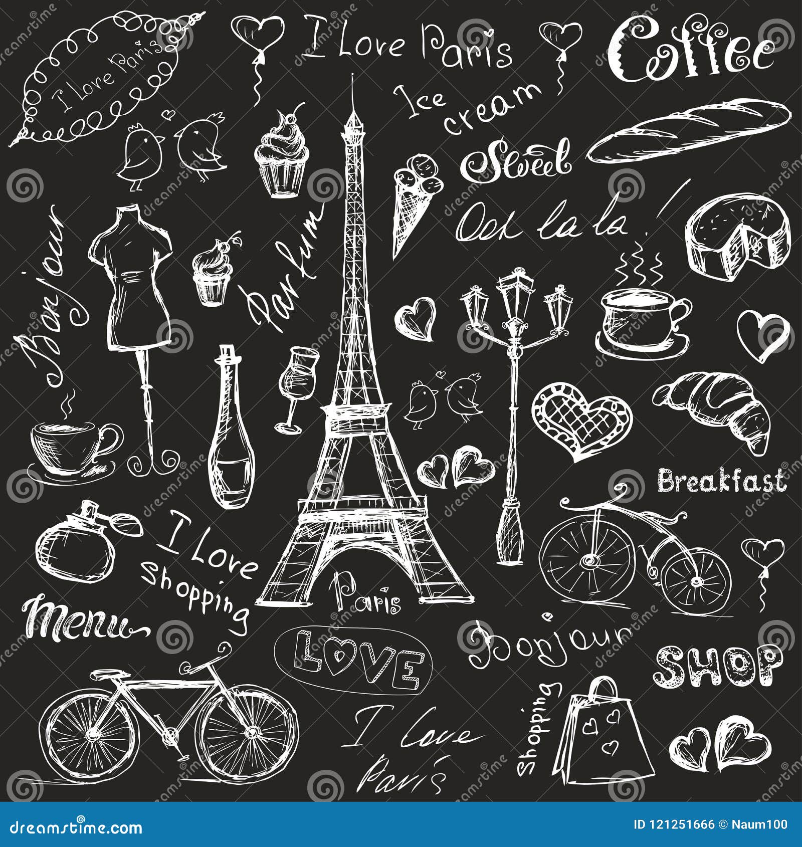 Paris Symbols, Hand Drawn Objects Or Icons On Black Background Cartoon ...