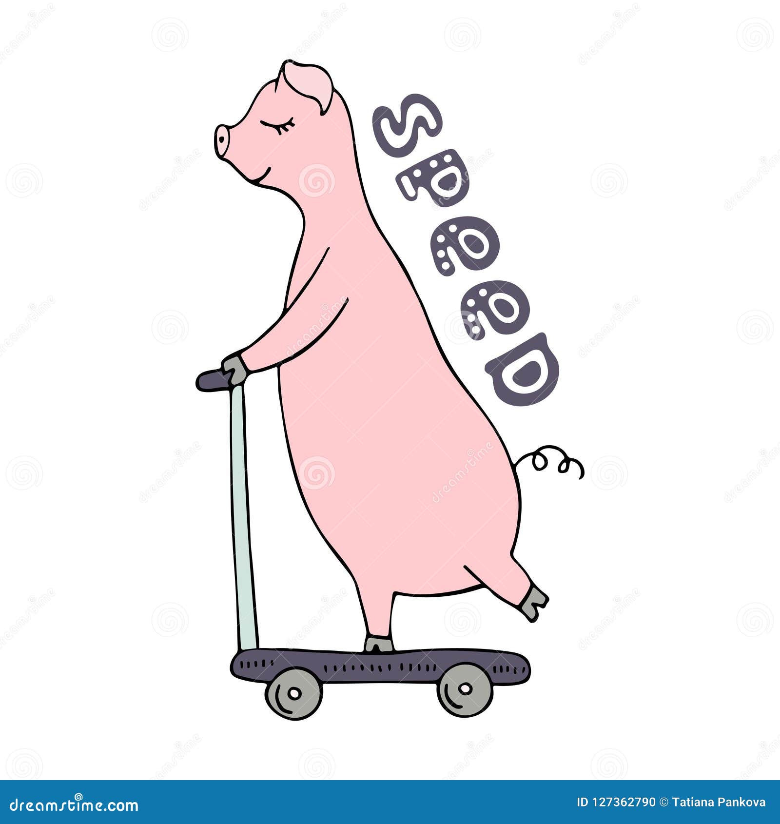 Vector Hand-drawn Illustration of an Pig Riding on a Scooter Stock ...