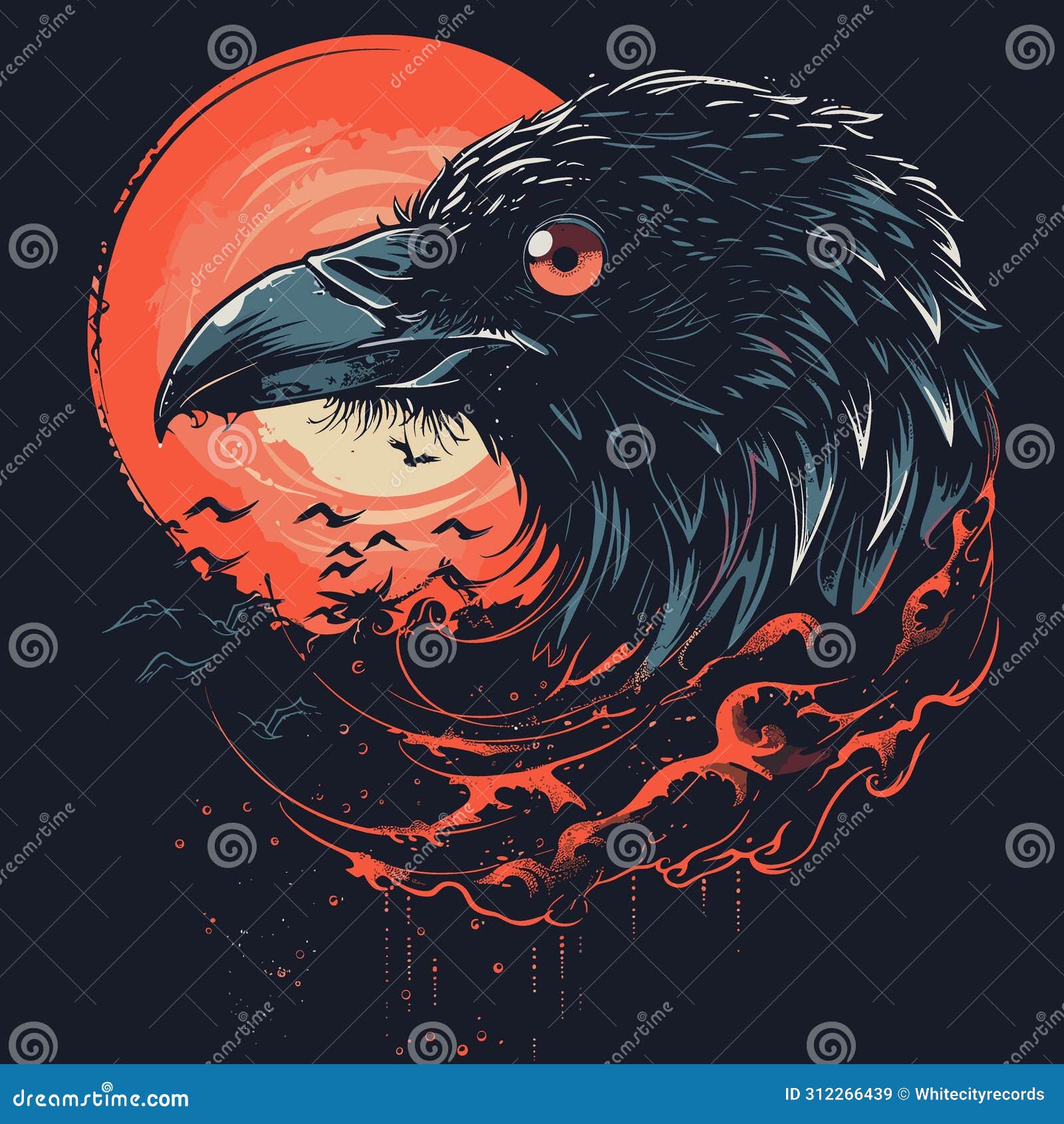 Vector Hand Drawn Illustration of a Raven on the Background of the Moon ...