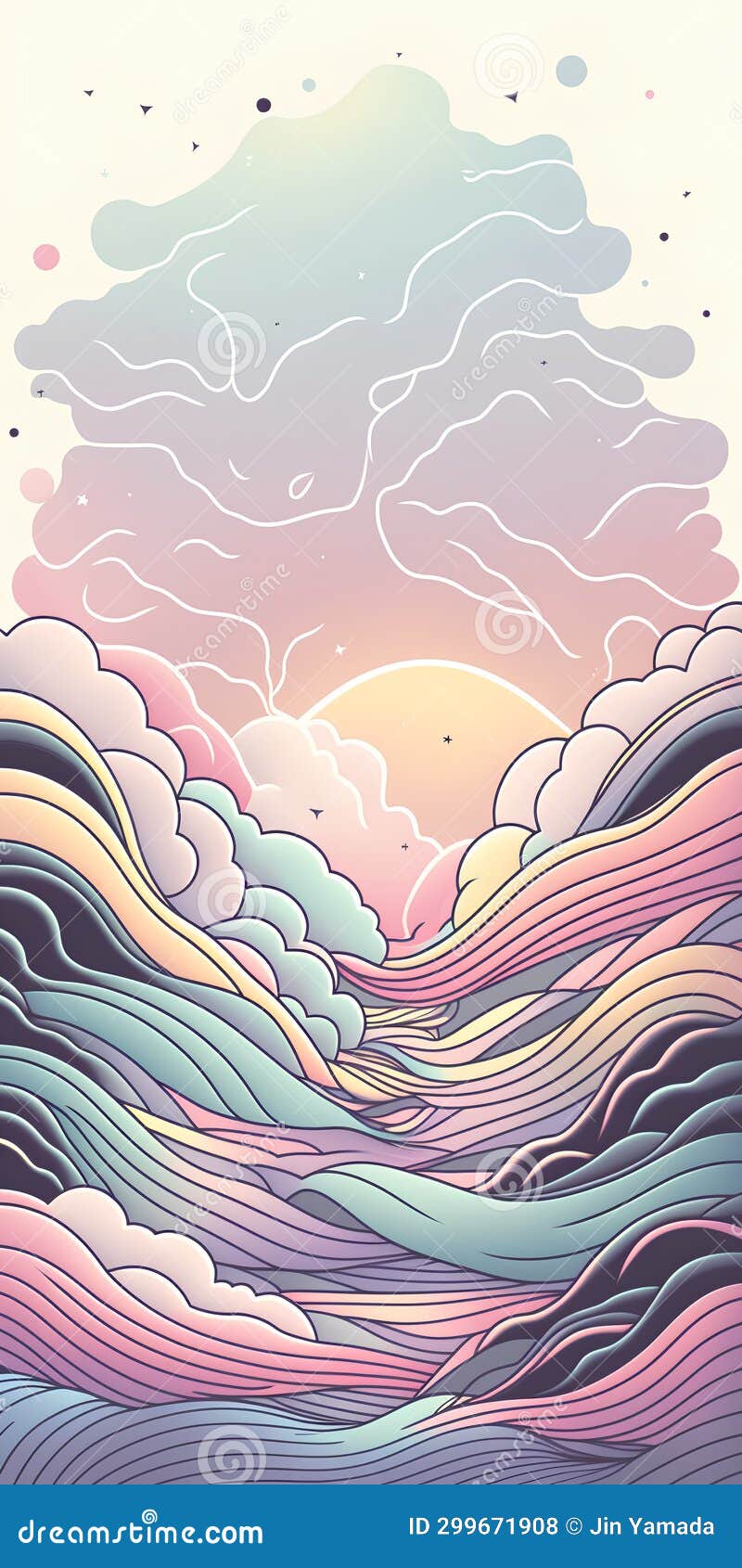 Vector Hand Drawn Illustration of Sea Waves and Sunset. Line Art Design ...