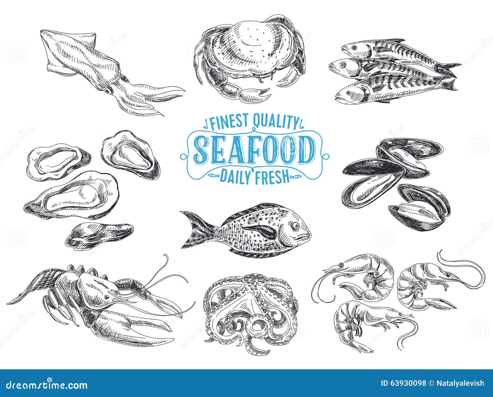 Vector Hand Drawn Illustration with Seafood Stock Vector - Illustration ...