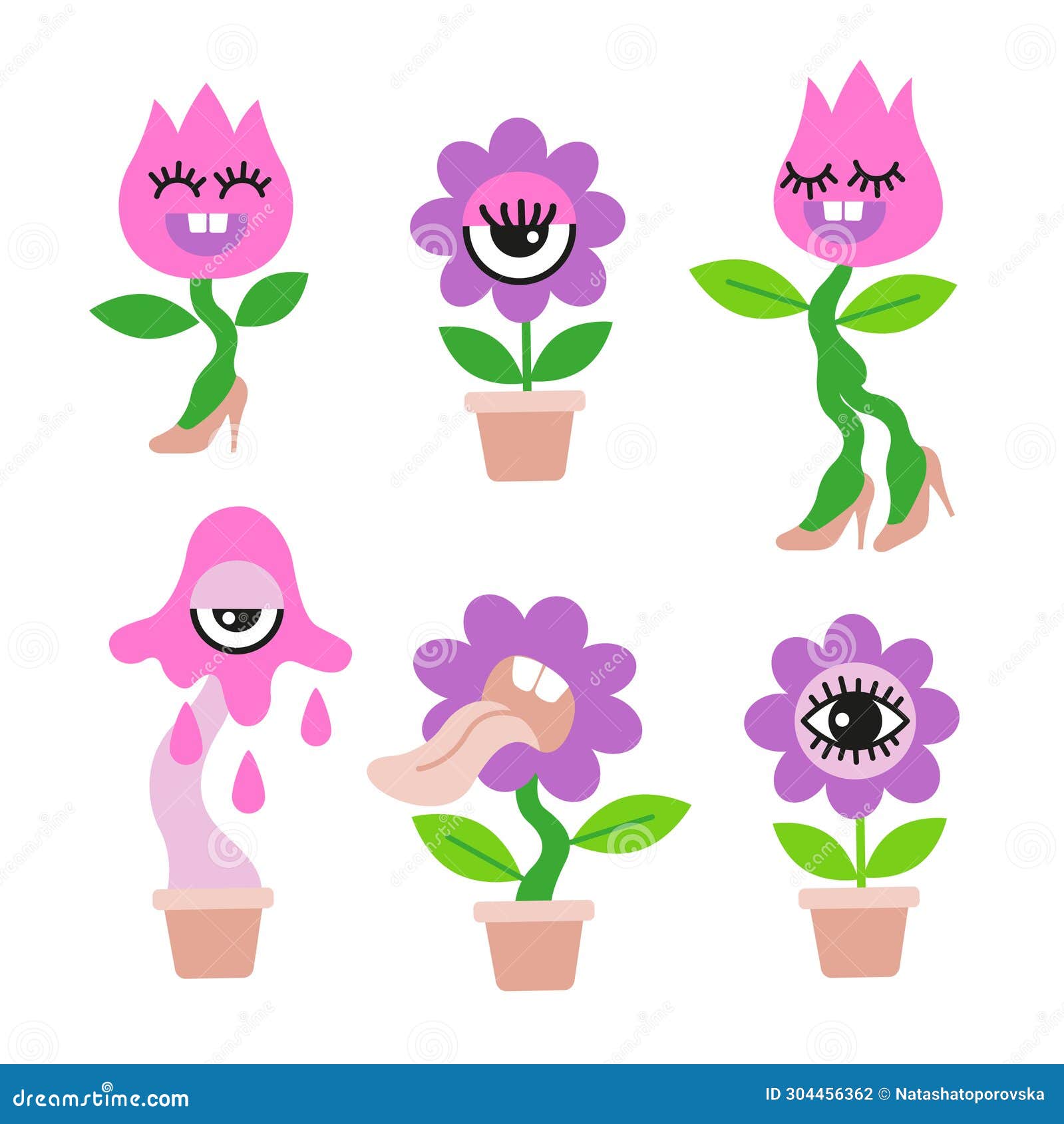 Vector Hand Drawn Illustration. Set of Psychedelic Angry House Plants ...