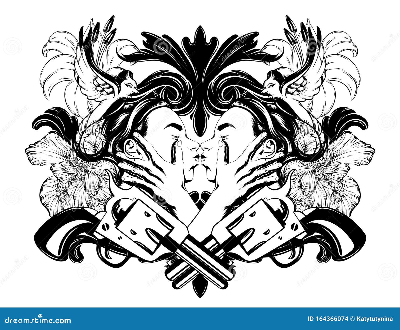Vector Hand Drawn Illustration of Two Kissing Friends with Flowers and ... Vector Hand Drawn Illustration of Two Kissing Friends with Flowers and ...