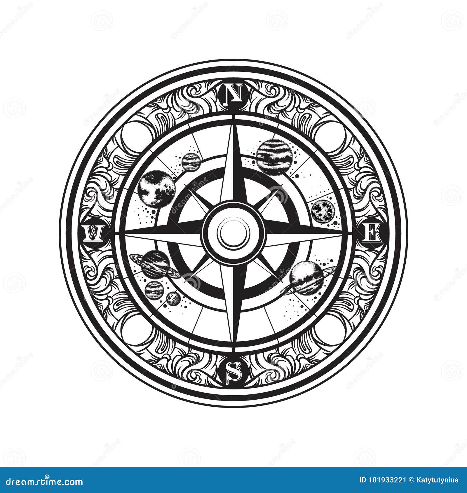 Vector Hand Drawn Illustration of Vintage Compass and Planets of Solar ...