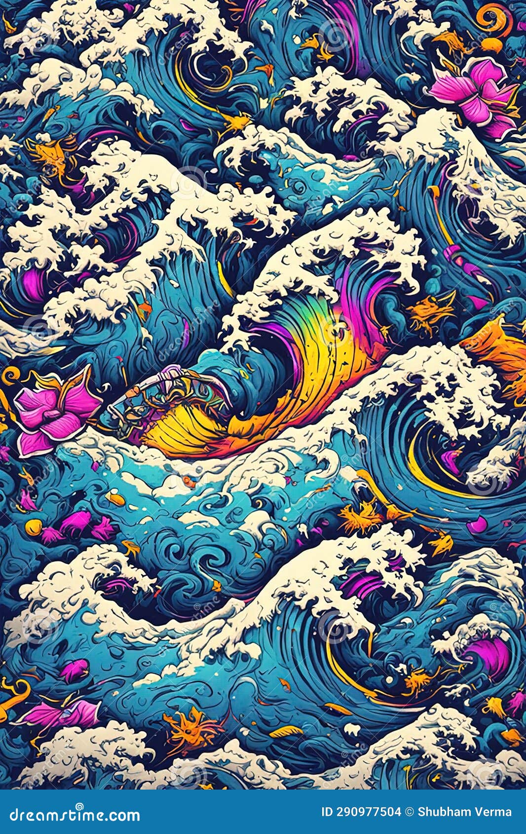 Vector Hand Drawn Illustration. Waves and Flowers.vector Hand Drawn ...