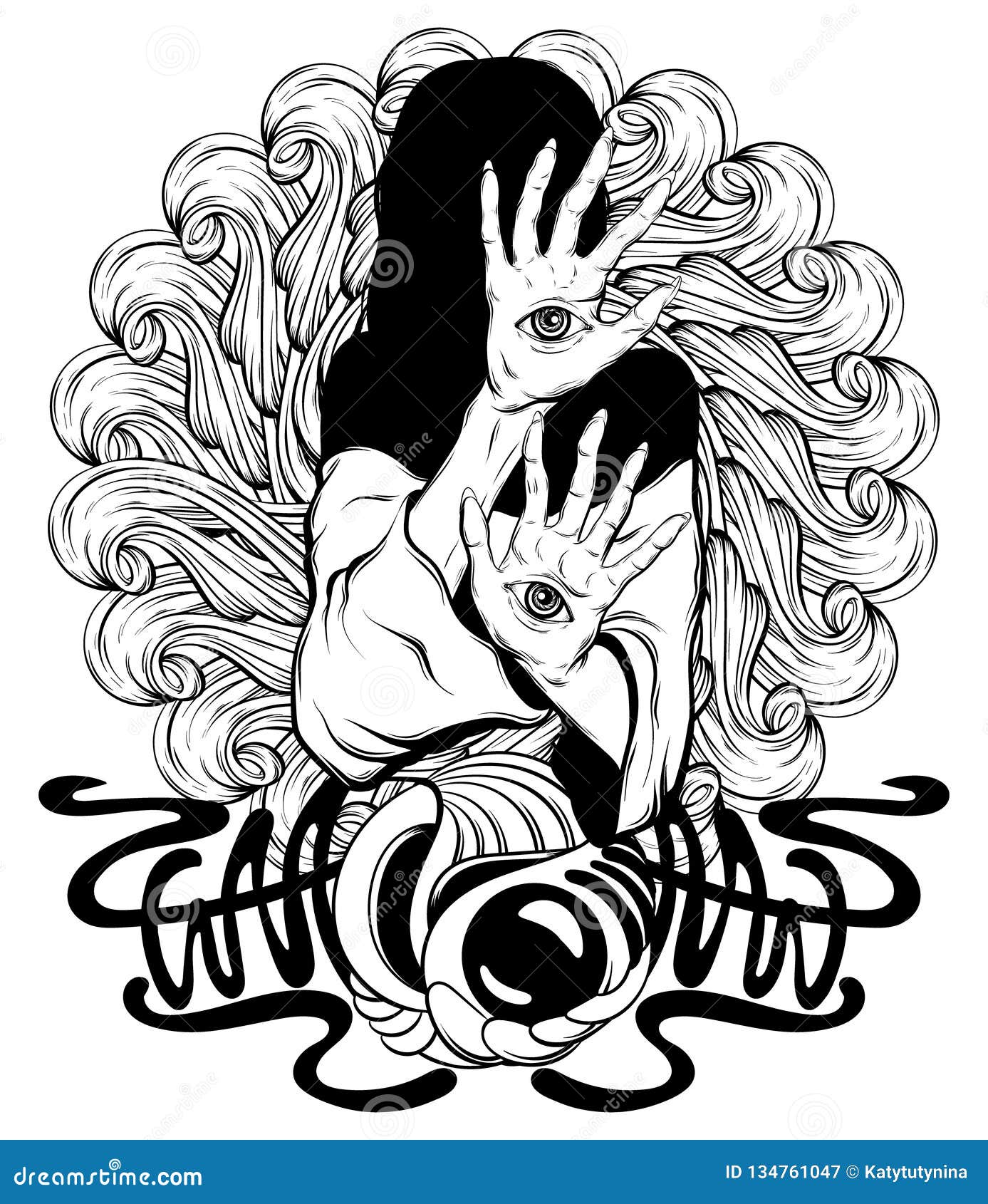 Vector Hand Drawn Illustration of Witch with Eyes on Hands with ...