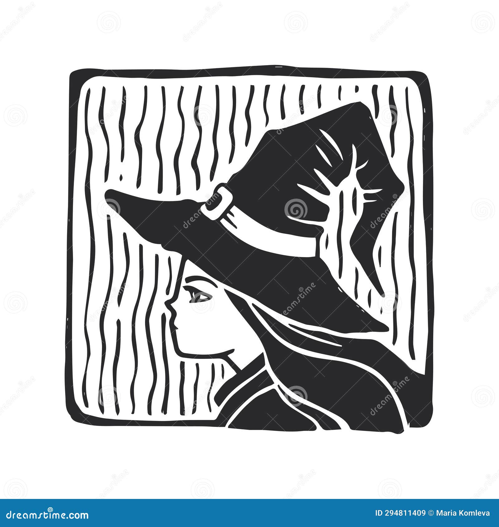 Vector Hand-drawn Illustration of Witch in Linocut Style. Stamp with ...