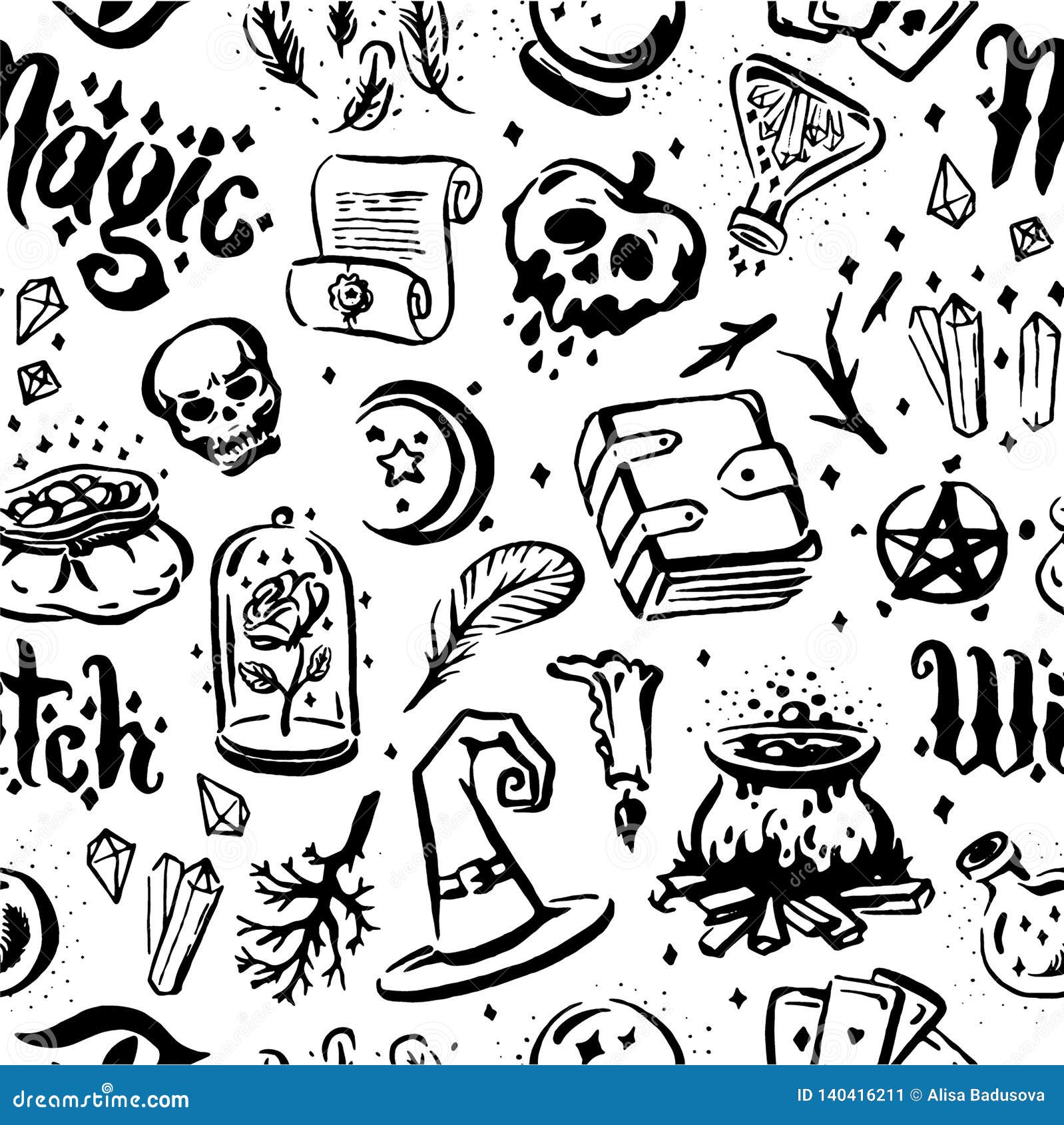 Vector Hand Drawn Illustration of Witch and Magic Item Illustration ...