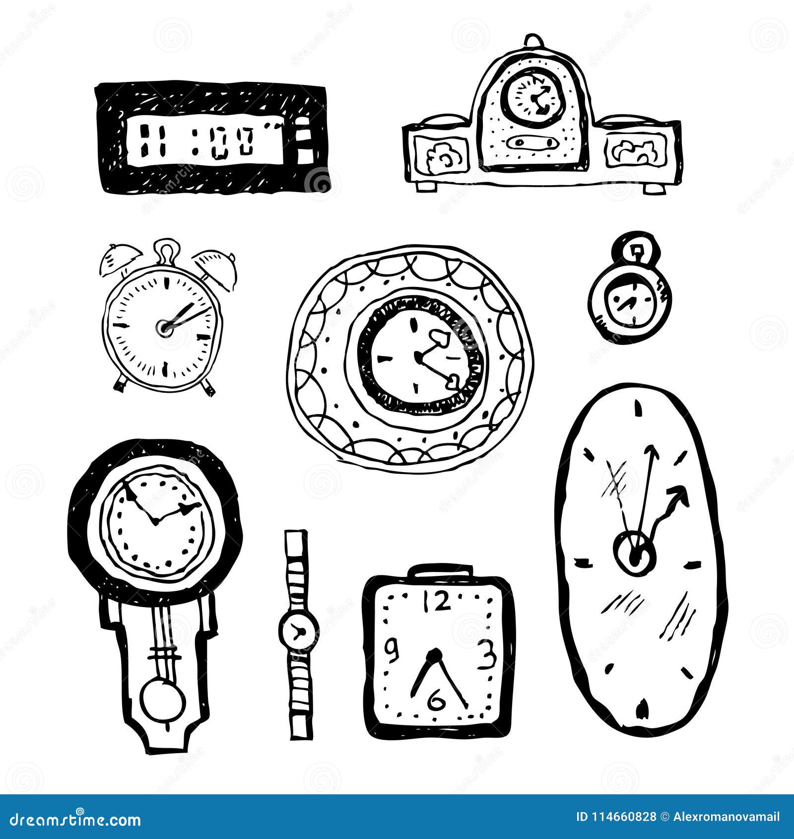 Vector Hand Drawn Ink Black And White Cartoon Illustration Of Different ...