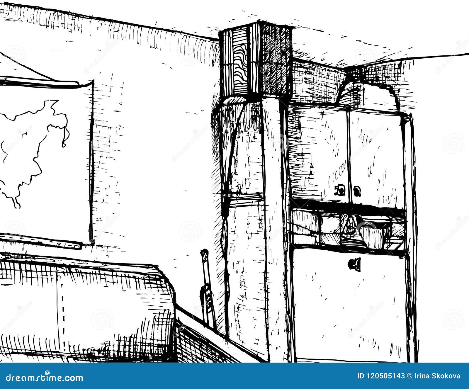 Hand Drawn Interior of Cabinet Stock Vector - Illustration of lines ...