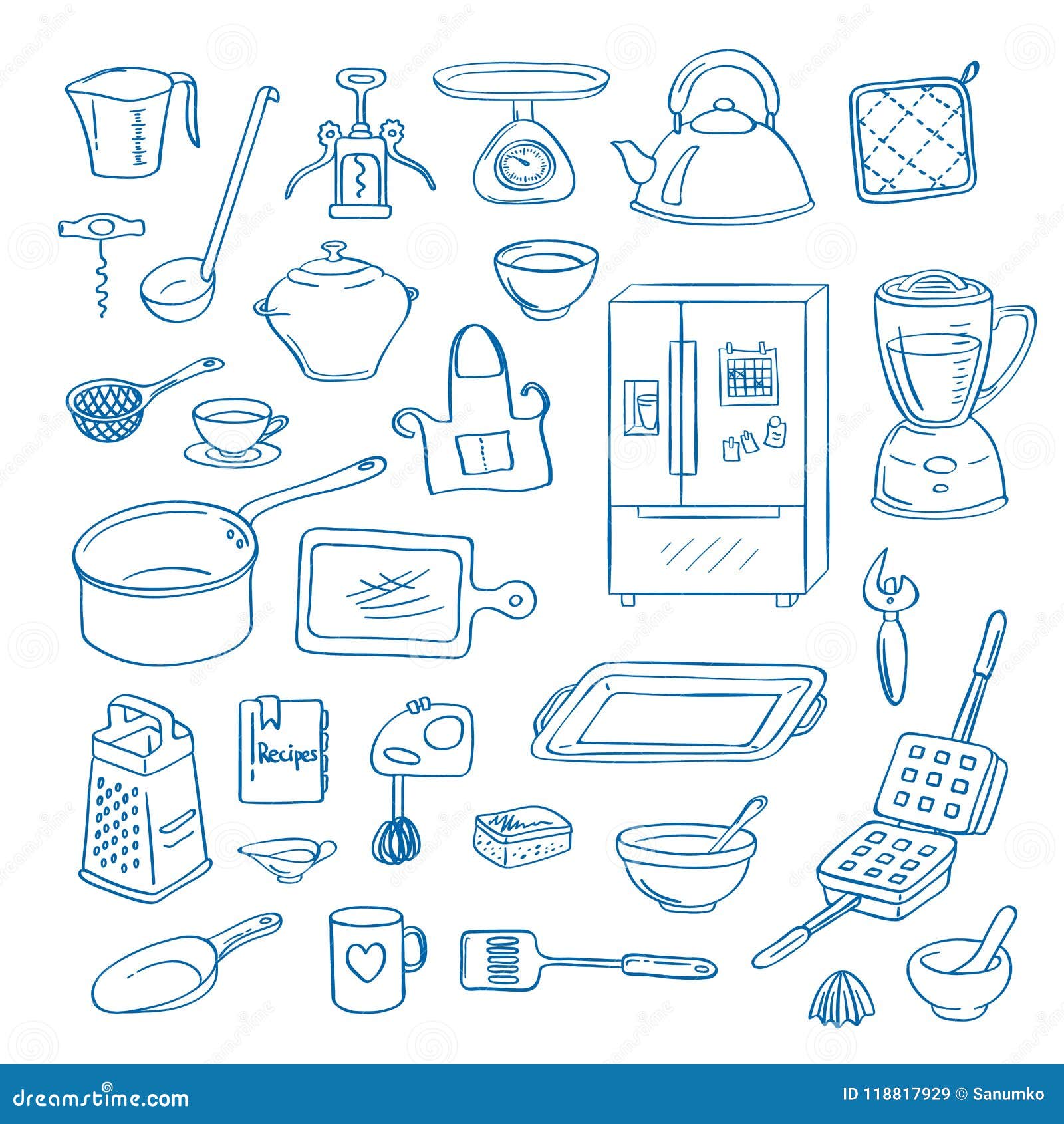 Vector Hand Drawn Kitchen Utensils Doodle Icons Set Illustration Stock ...