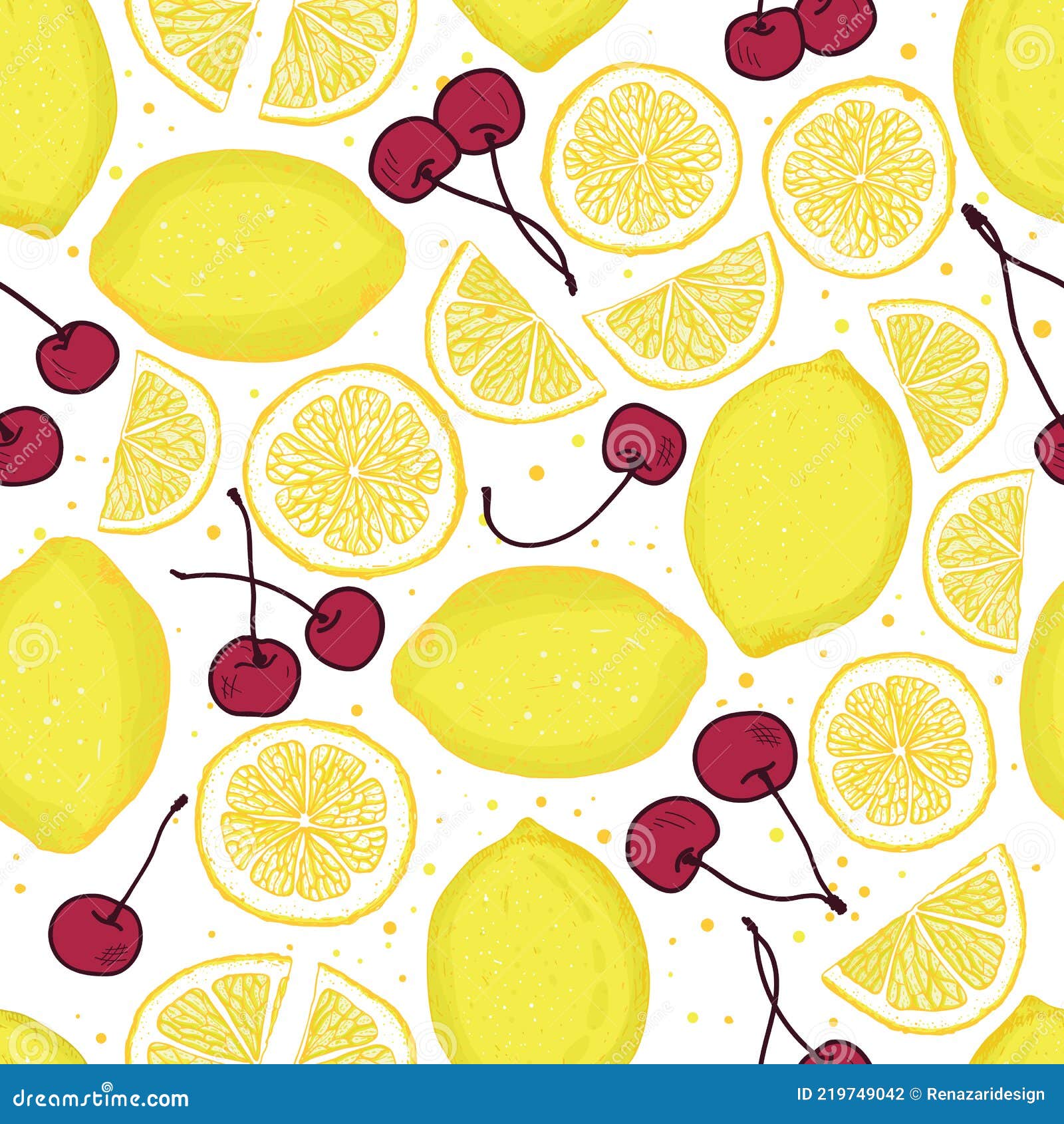 Vector Hand Drawn Lemons and Cherries Seamless Pattern Print Background ...