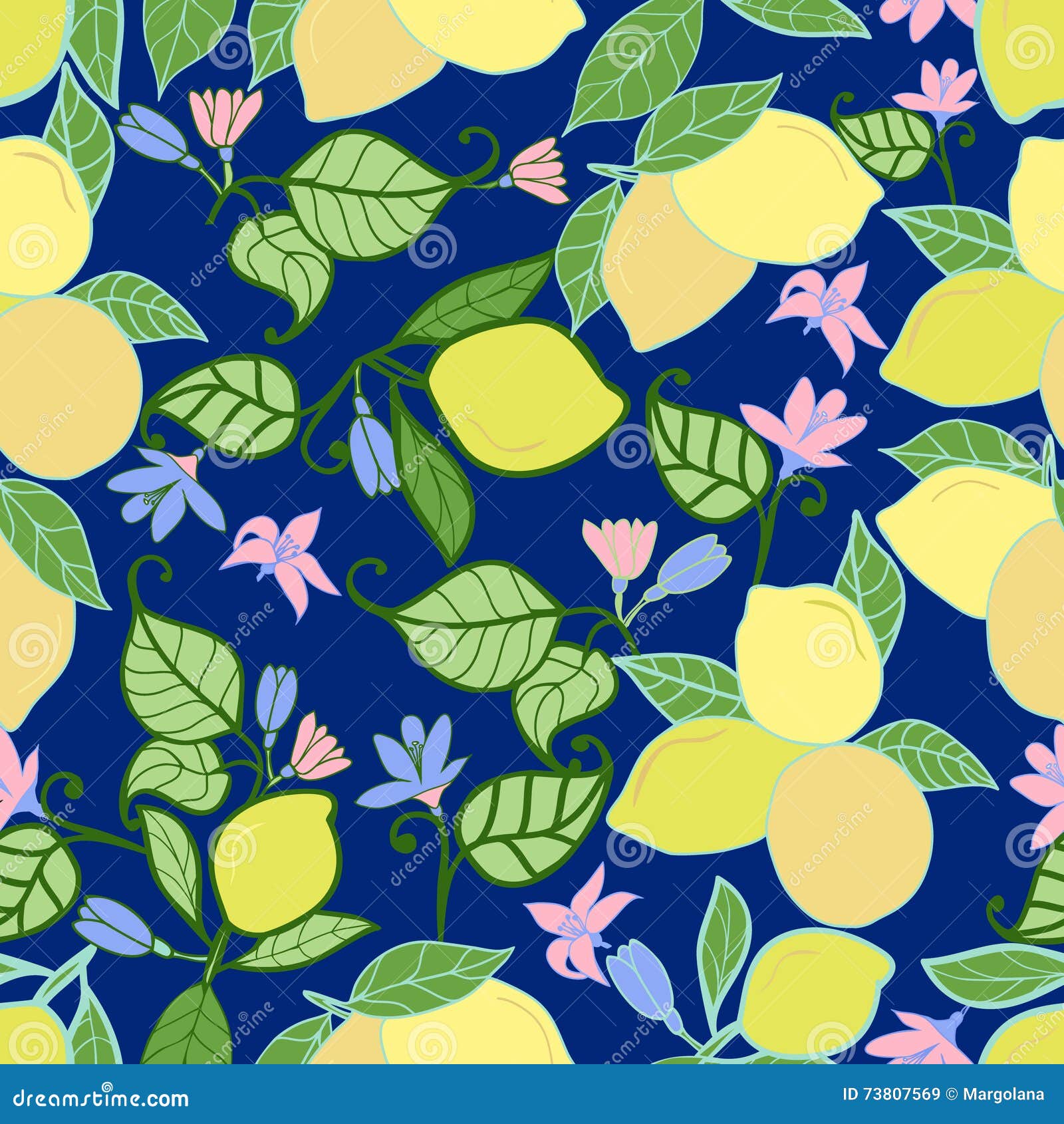 Vector Hand Drawn Lemons with Leaves Seamless Pattern on Blue Ba Stock ...