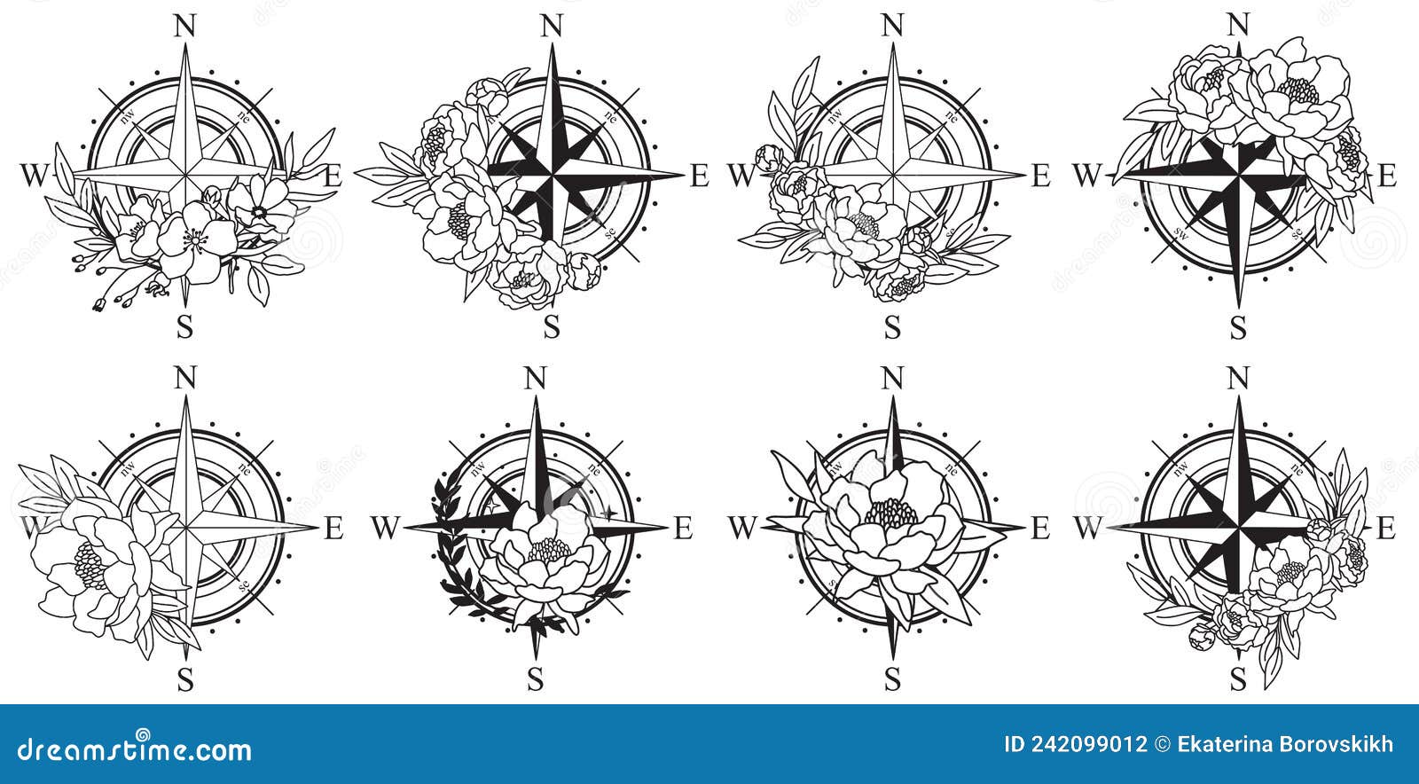Vector Hand Drawn Line Art Compass with Flowers Stock Vector ...