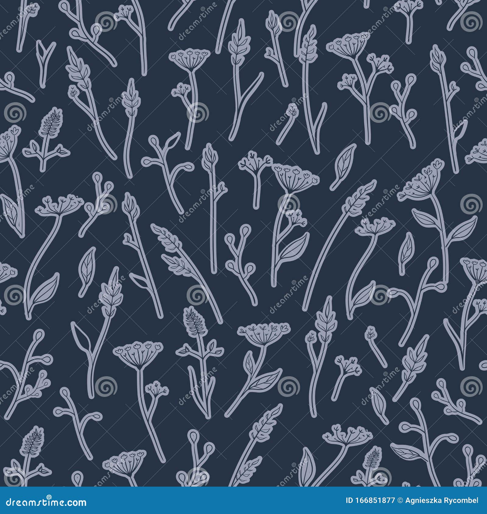 Vector Hand Drawn Meadow Florals with Outline Seamless Pattern ...