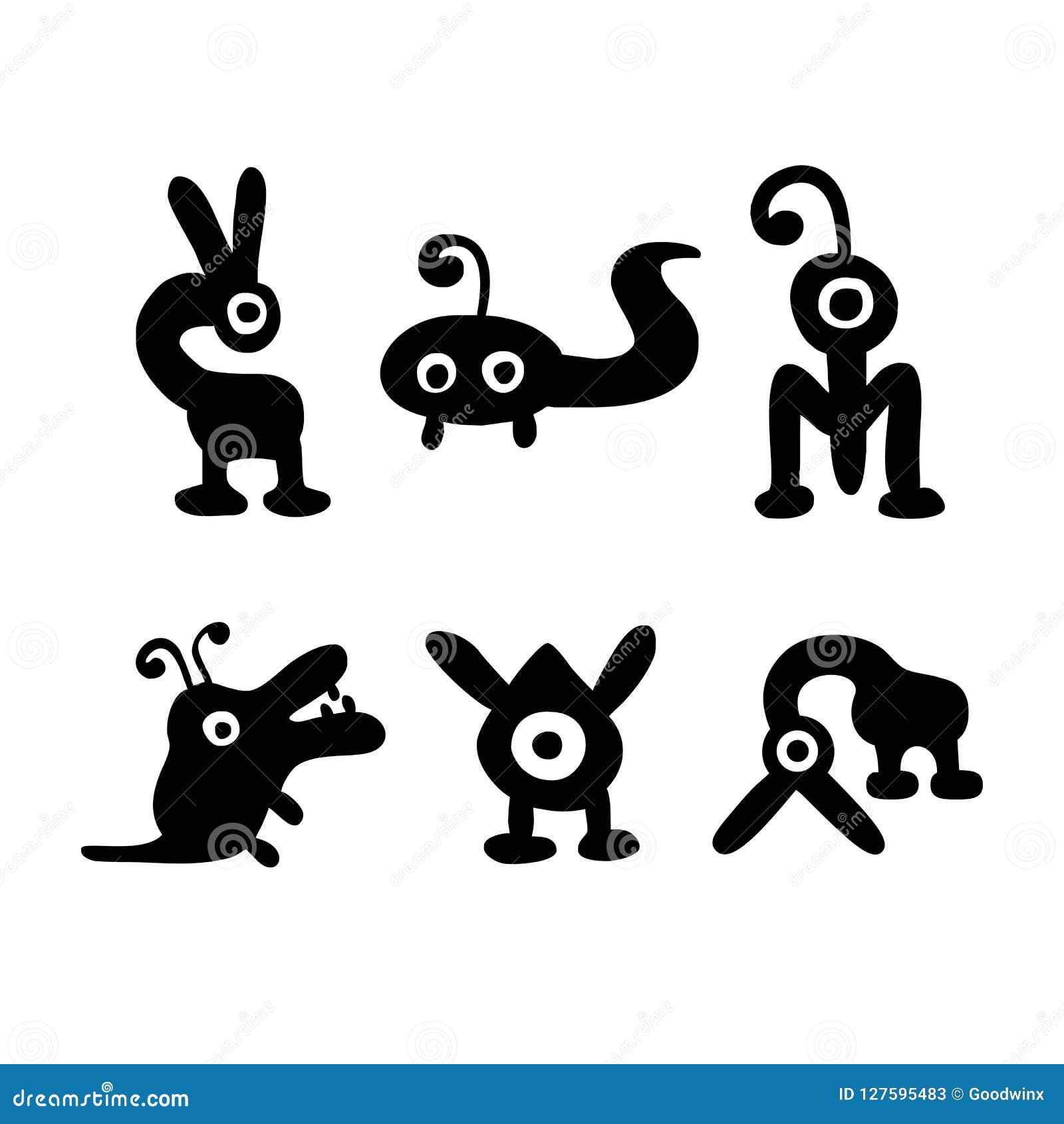 Vector Hand Drawn Monsters Black Monochrome Stock Vector - Illustration ...