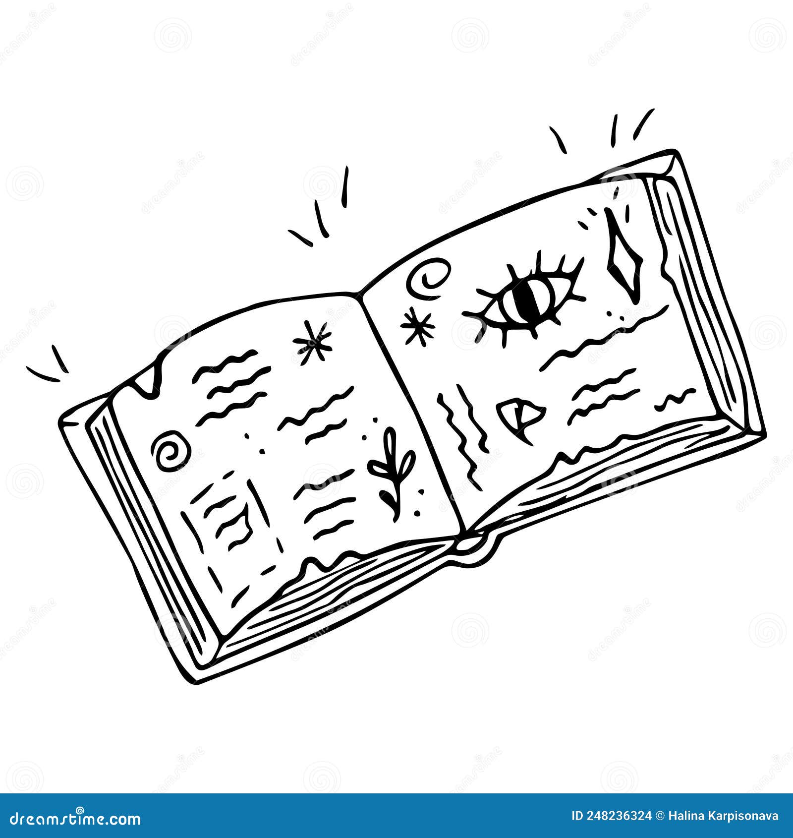 Vector Hand Drawn Opened Doodle Magic Book Cartoon. Wizard Book of ...