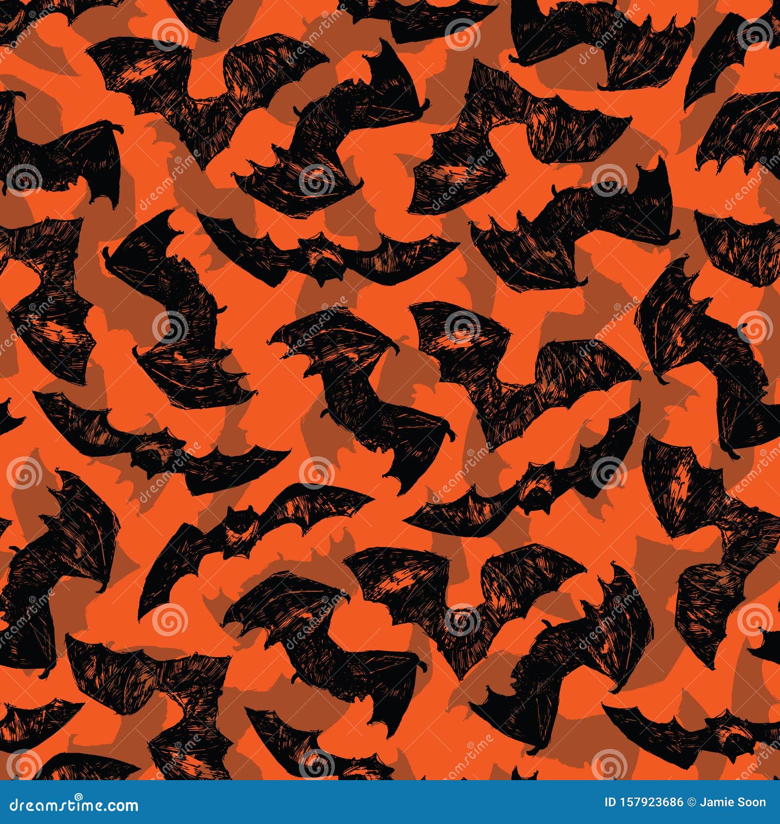 Vector Hand Drawn Orange Halloween Bats Repeat Pattern. Suitable for ...