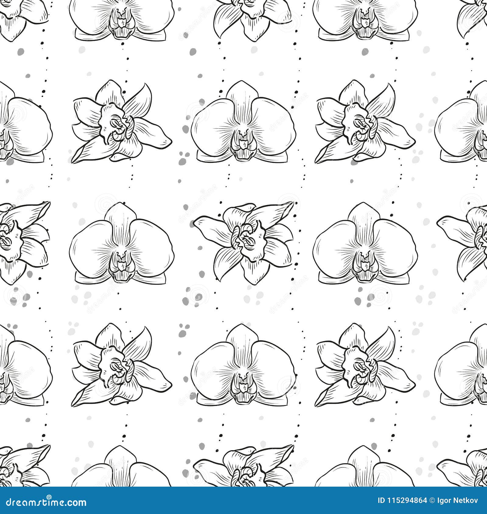 Vector Hand Drawn Orchid Seamless Pattern Stock Vector Illustration