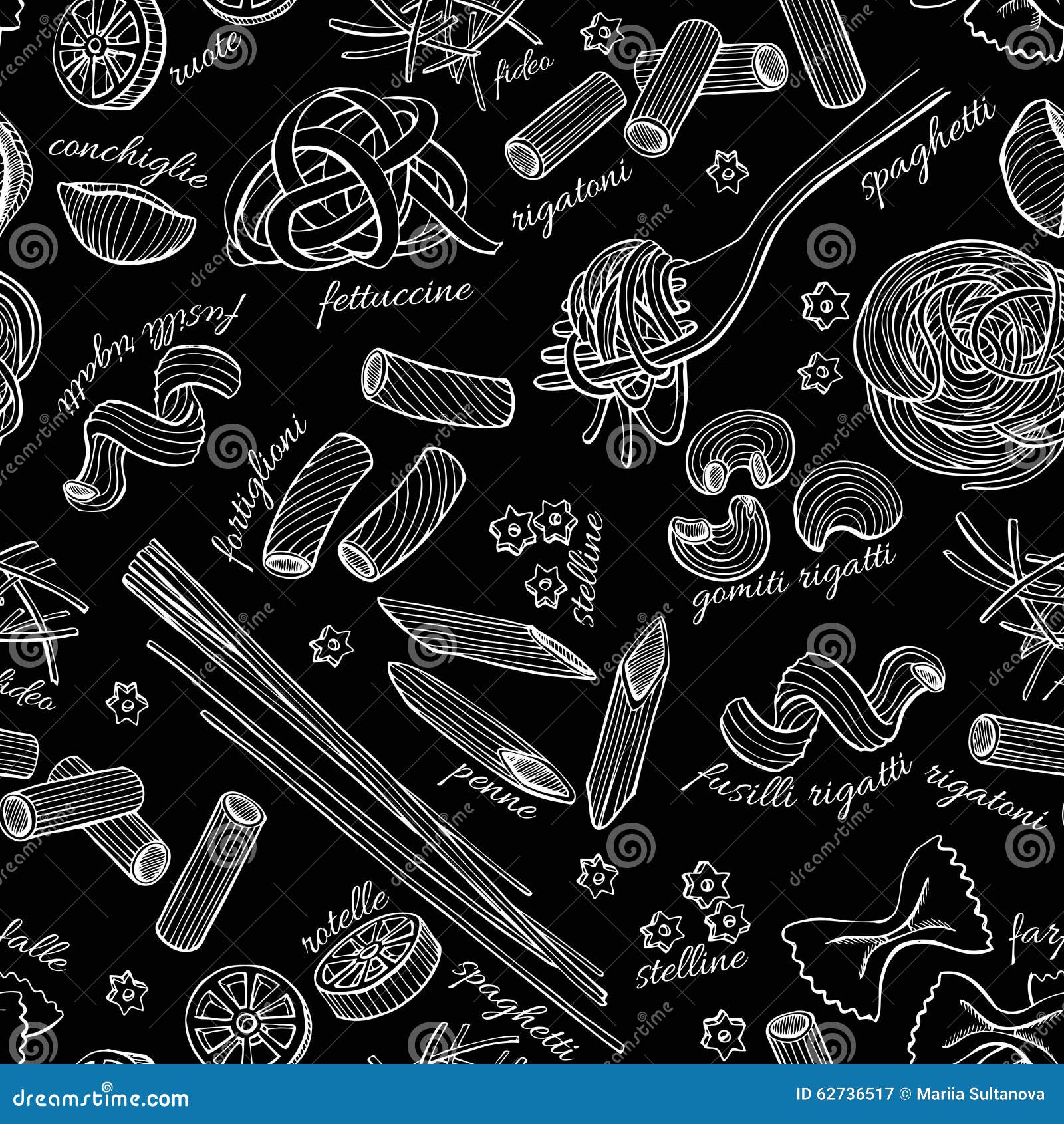 Pasta Pattern. Seamless Texture With White Hand Drawn Macaroni ...