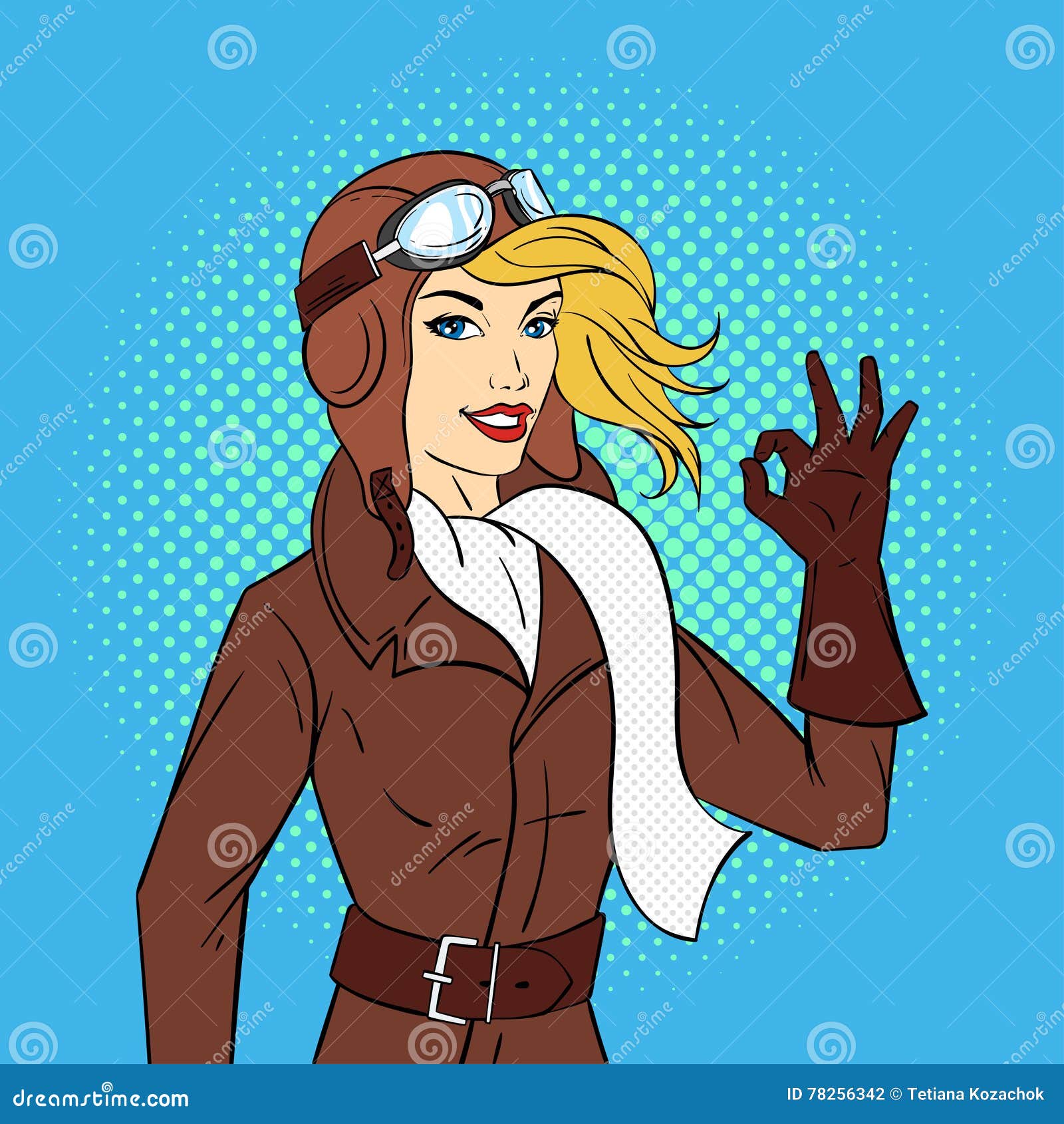 Vector Hand Drawn Pop Art Style Illustration of Retro Woman Pilot Stock ...