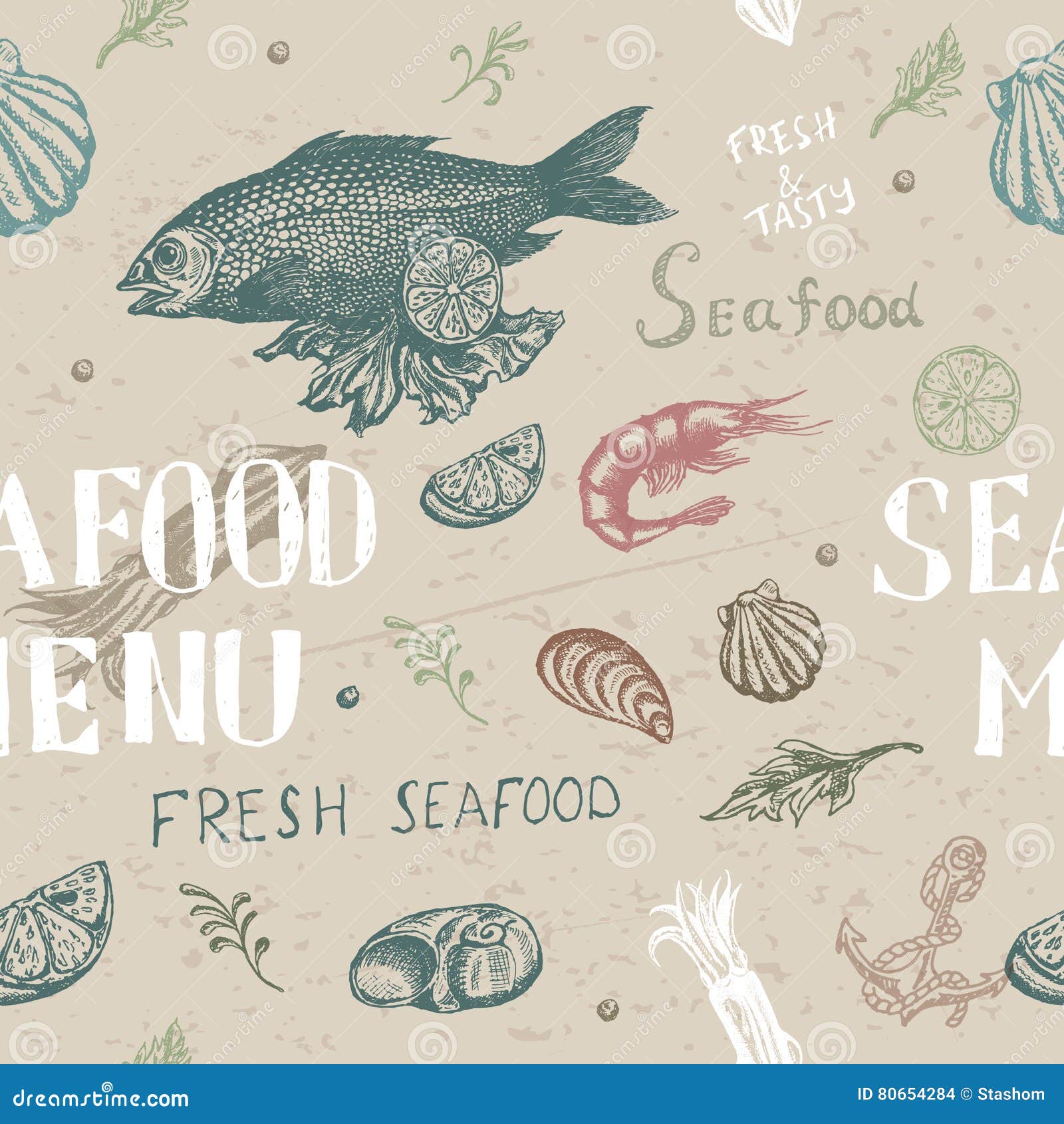 Vector Hand Drawn Seafood Pattern. Stock Vector - Illustration of ...