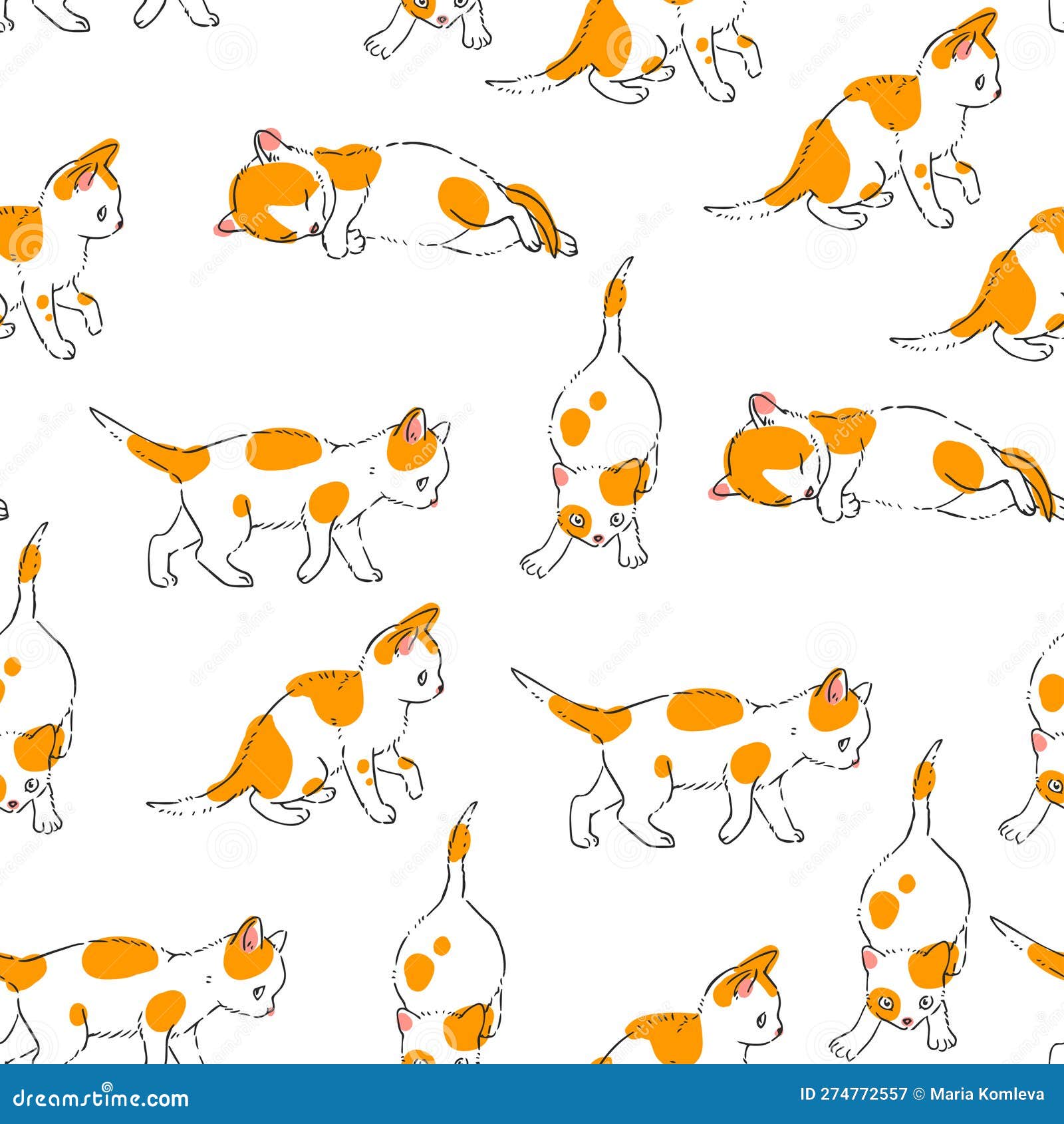 Vector Hand-drawn Seamless Pattern with Cute Kittens Isolated on a ...
