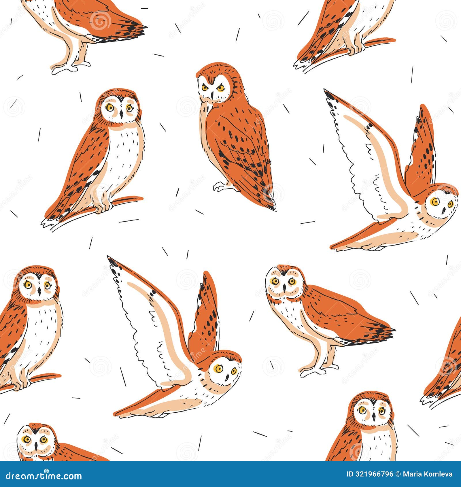 Vector Hand-drawn Seamless Pattern with Cute Owls Isolated on White ...
