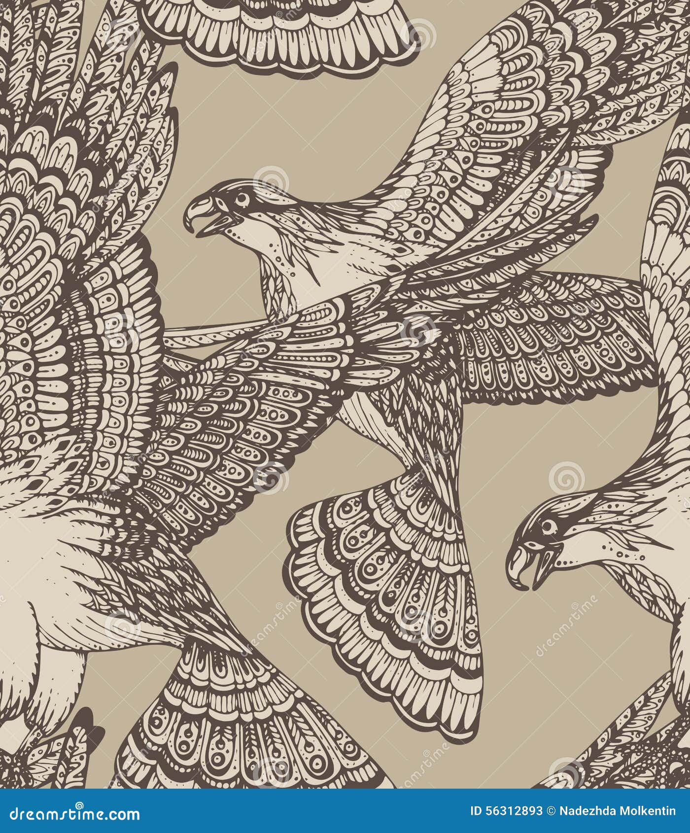 Vector Hand Drawn Seamless Pattern with Decorative Eagles Stock ...