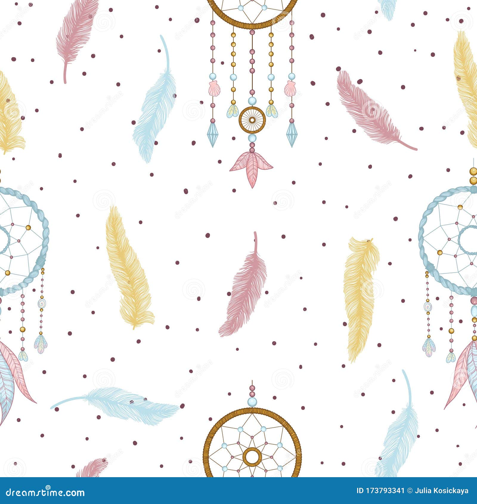 Vector Hand Drawn Seamless Pattern with Dream Catcher and Feathers ...
