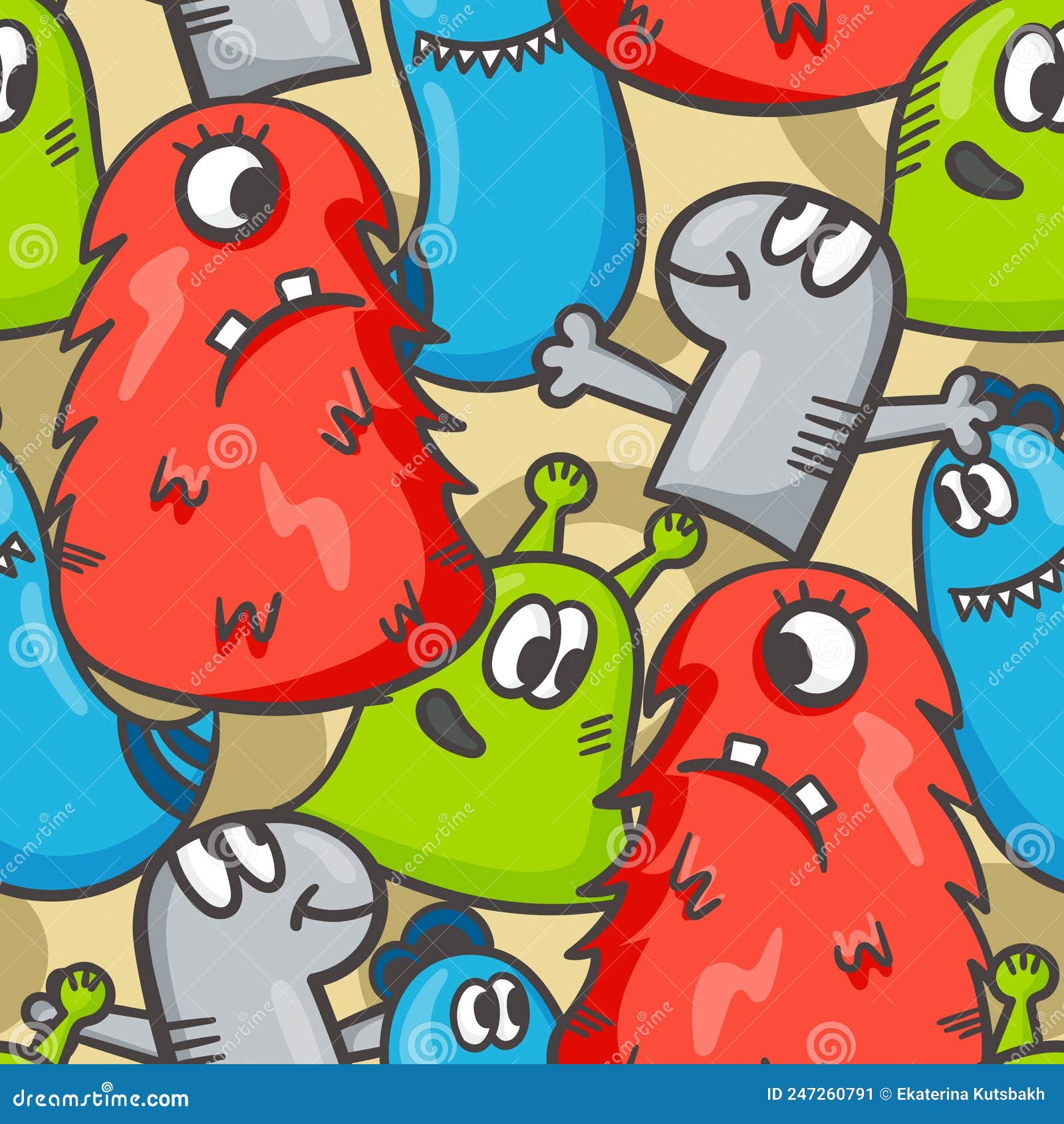 Vector Hand Drawn Seamless Pattern with Funny Fictional Doodle Monsters ...