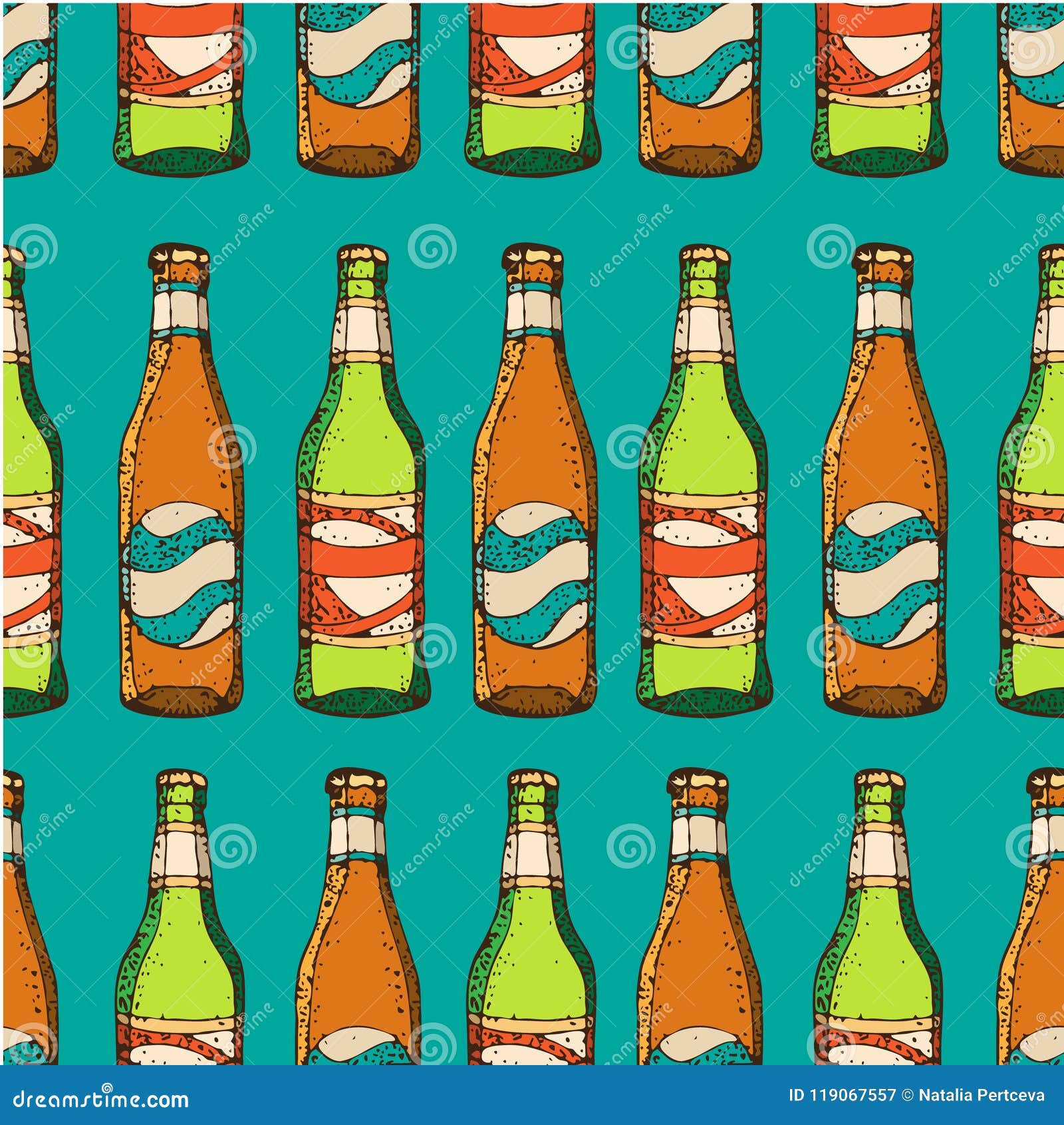 Vector Hand Drawn Seamless Pattern of Green and Brown Beer Bottles ...