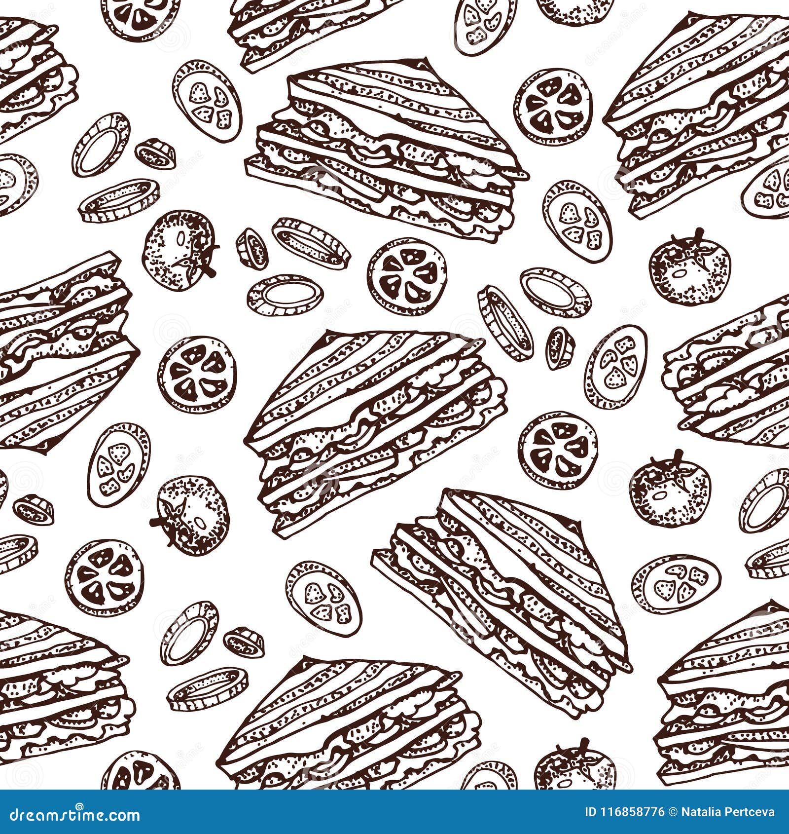 Vector Hand Drawn Seamless Pattern of Sandwich, Tomato and Onion. Stock ...