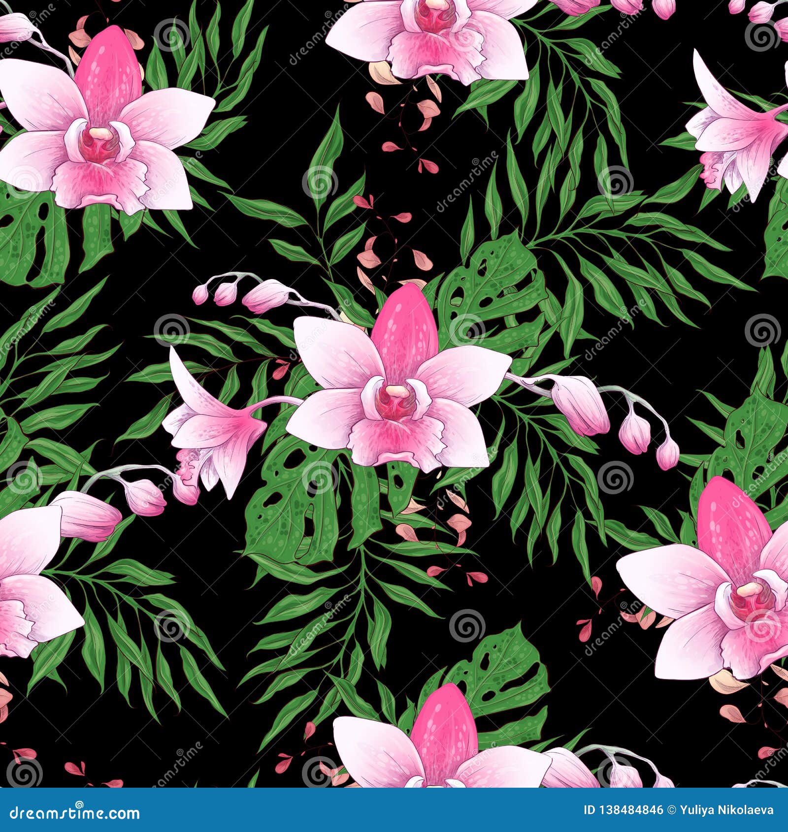 Vector Hand Drawn Seamless Pattern with Stylized Orchid Branch for Your ...