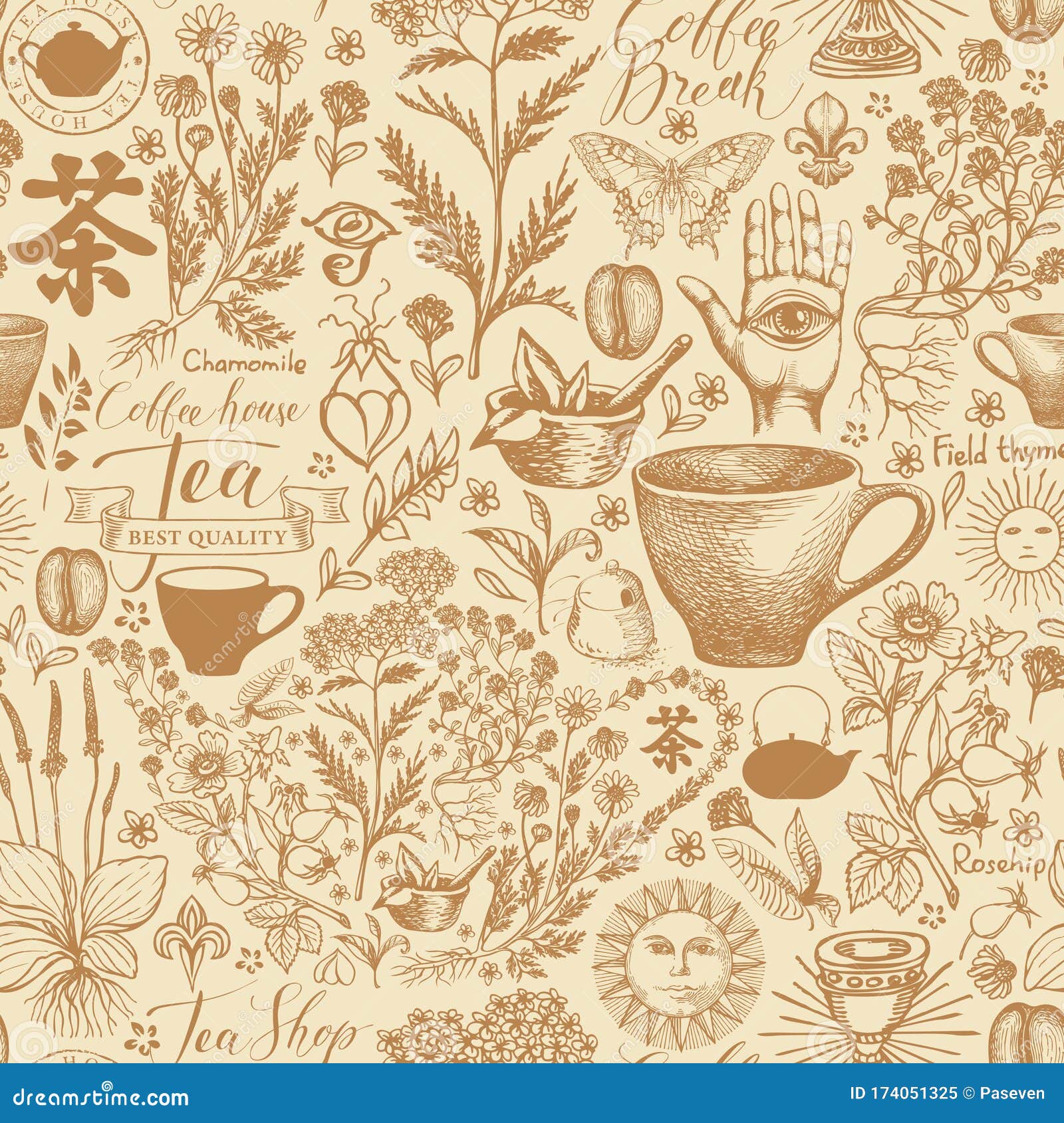 Vector Hand-drawn Seamless Pattern on the Tea Theme Stock Vector ...