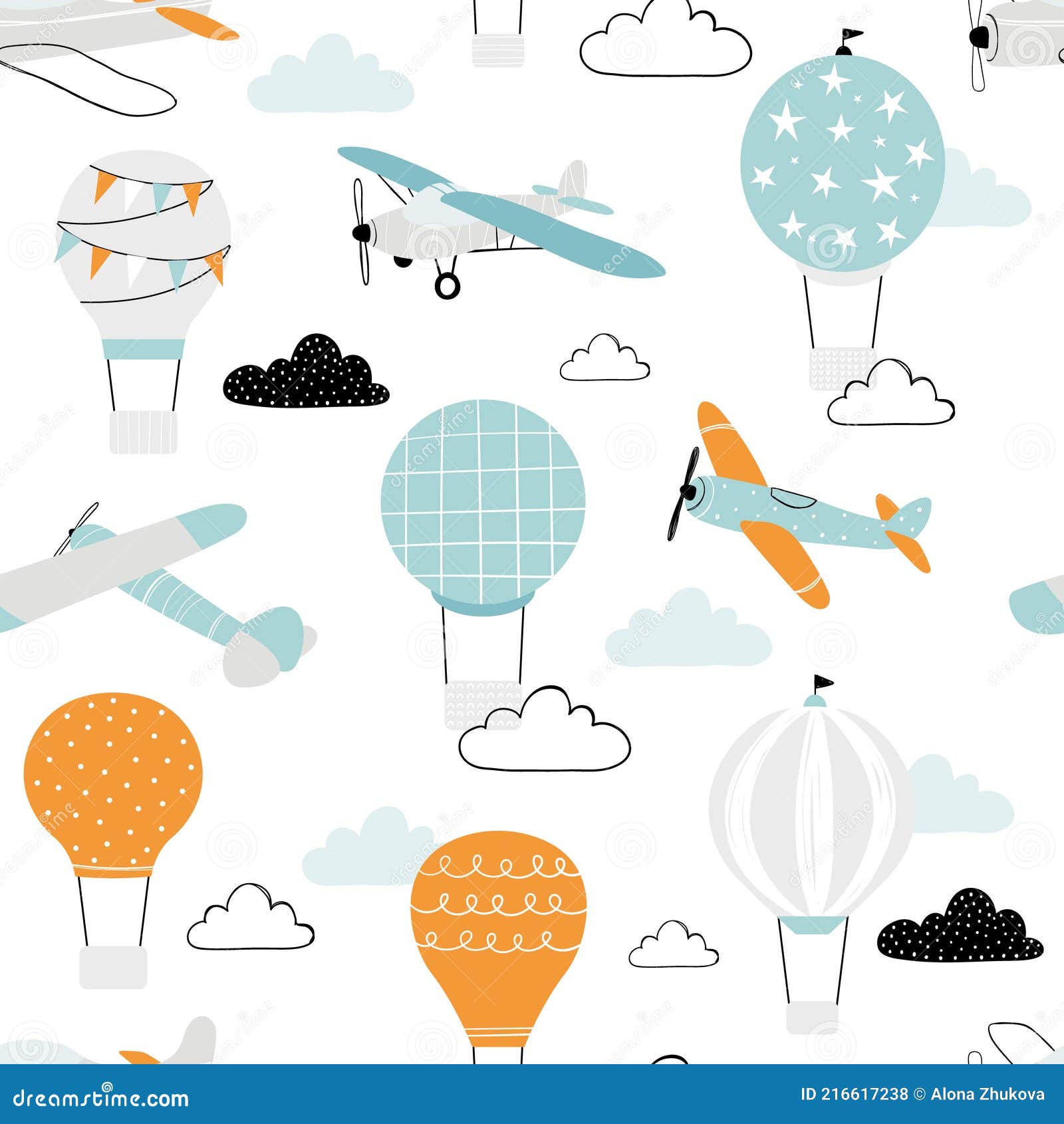 Vector Hand-drawn Seamless Repeating Children Simple Pattern with Air ...