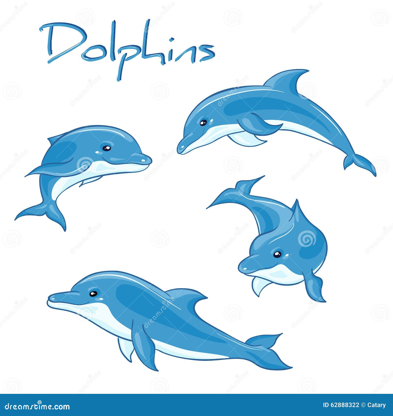 Vector Hand Drawn Set of Cartoon Dolphins Stock Vector - Illustration ...