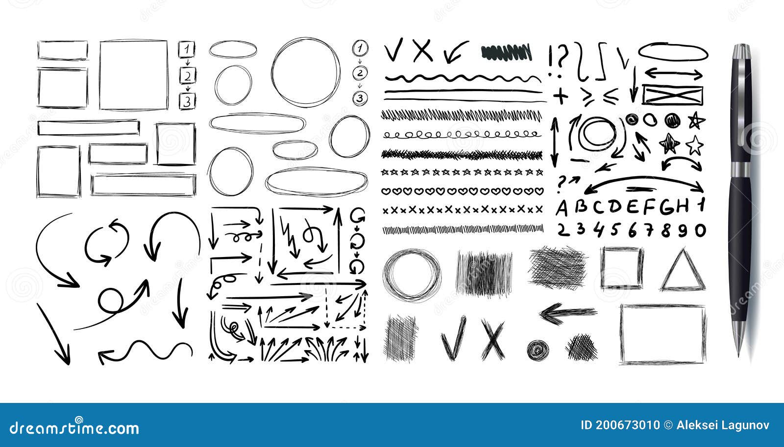 Vector Hand Drawn Set of Planning Elements, Correction Marks, Black 3D ...
