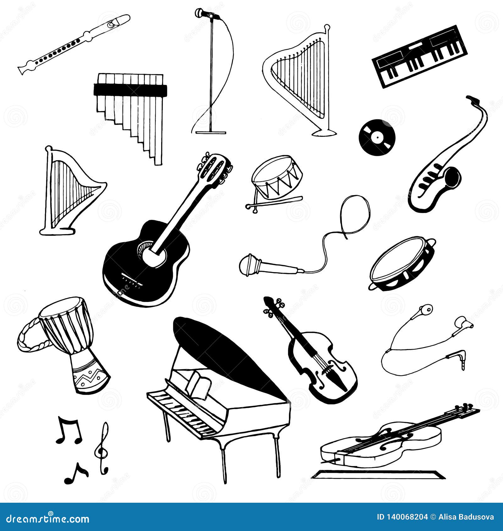 Vector Hand Drawn Sketch of Music Instruments Illustration on White ...