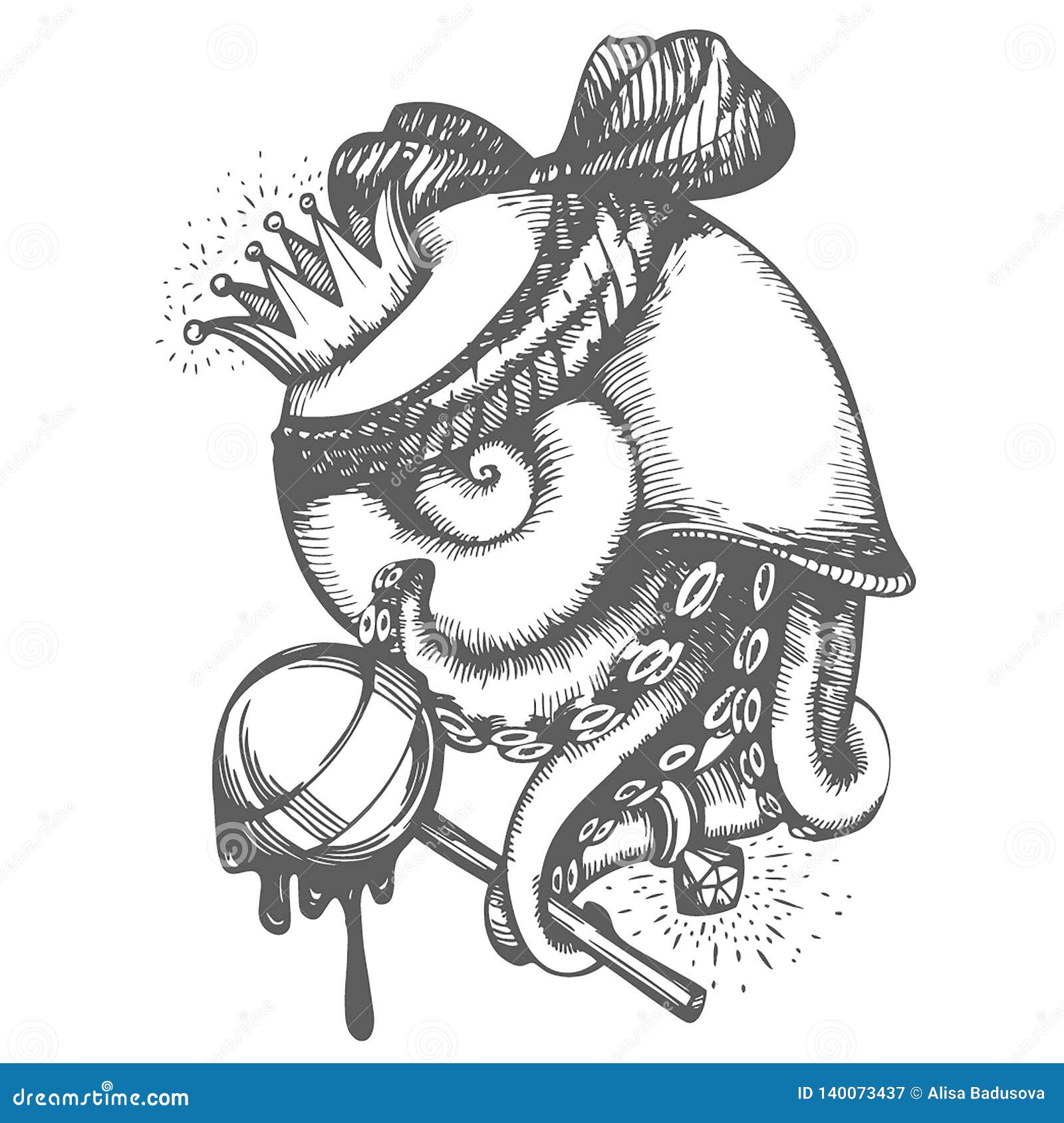 Vector Hand Drawn Sketch of Print with Octopus Snail Illustration on ...