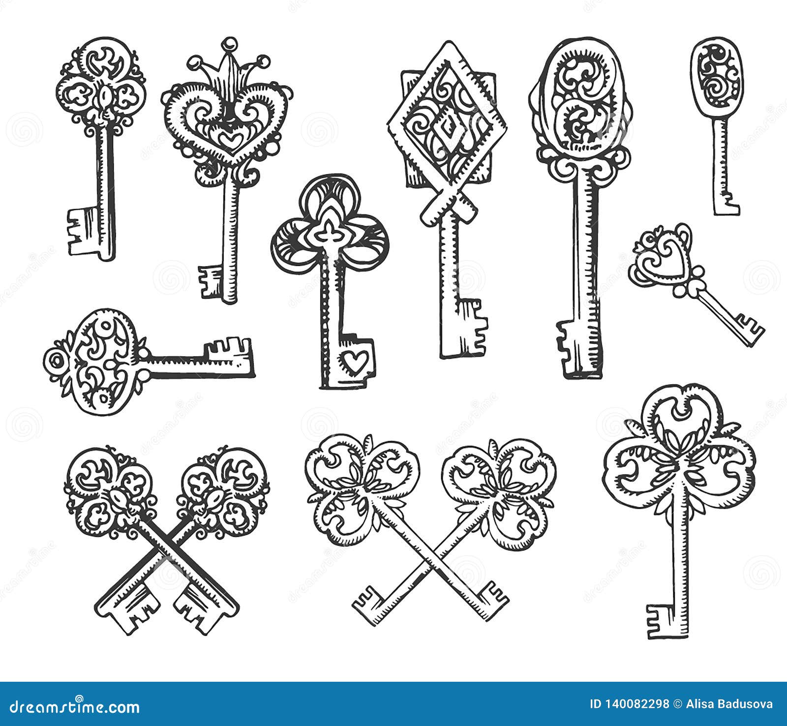 Vector Hand Drawn Sketch of Vintage Keys Illustration on White ...